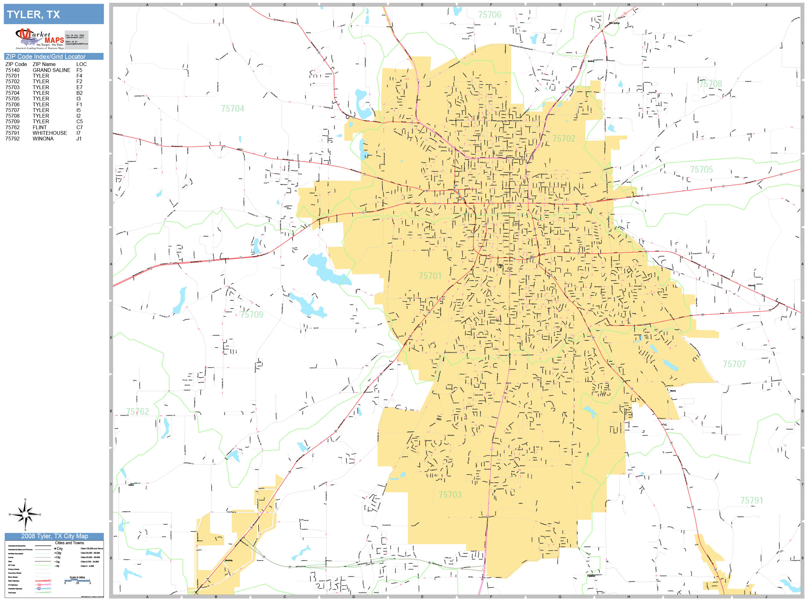 Tyler Texas Wall Map (Basic Style) by MarketMAPS - MapSales.com