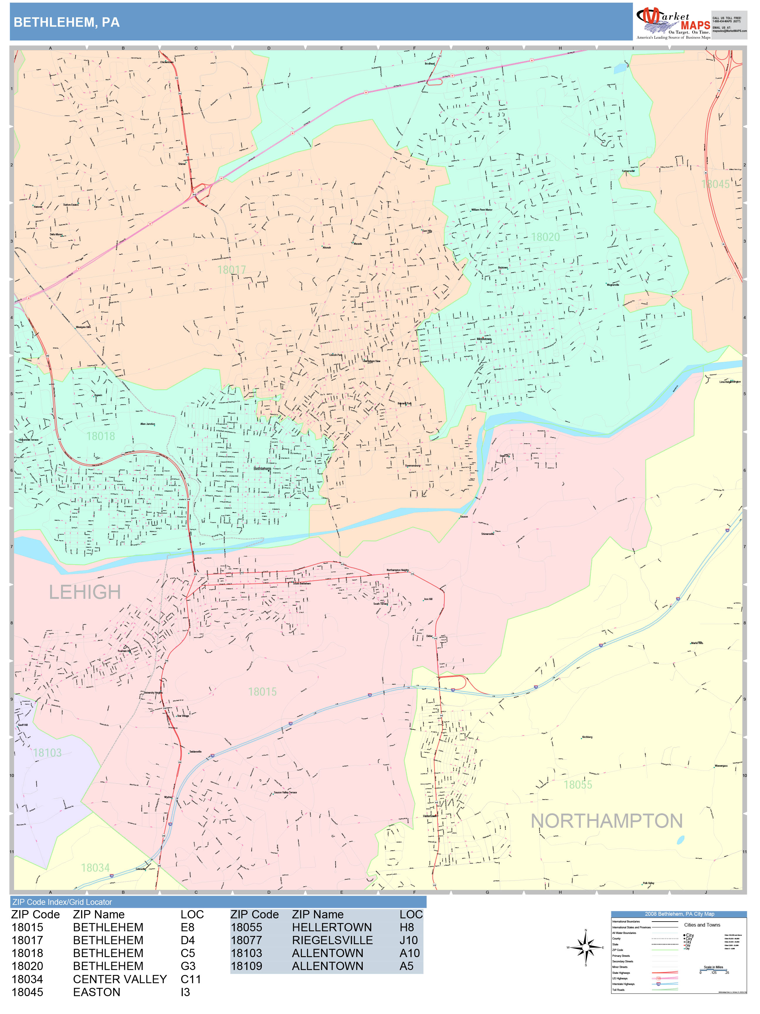 Bethlehem Pennsylvania Wall Map (Color Cast Style) by MarketMAPS