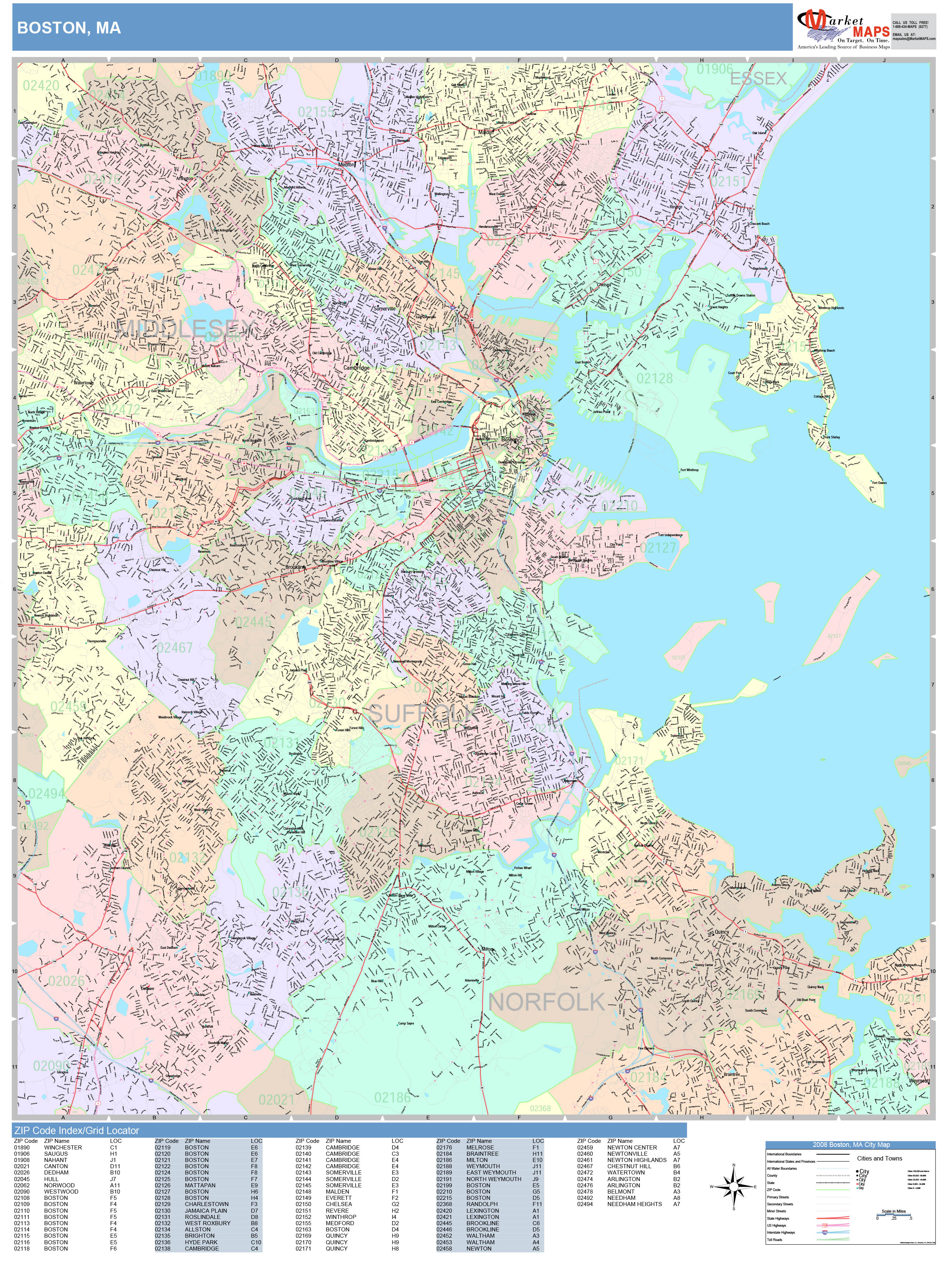 Boston Massachusetts Wall Map (Color Cast Style) by MarketMAPS - MapSales