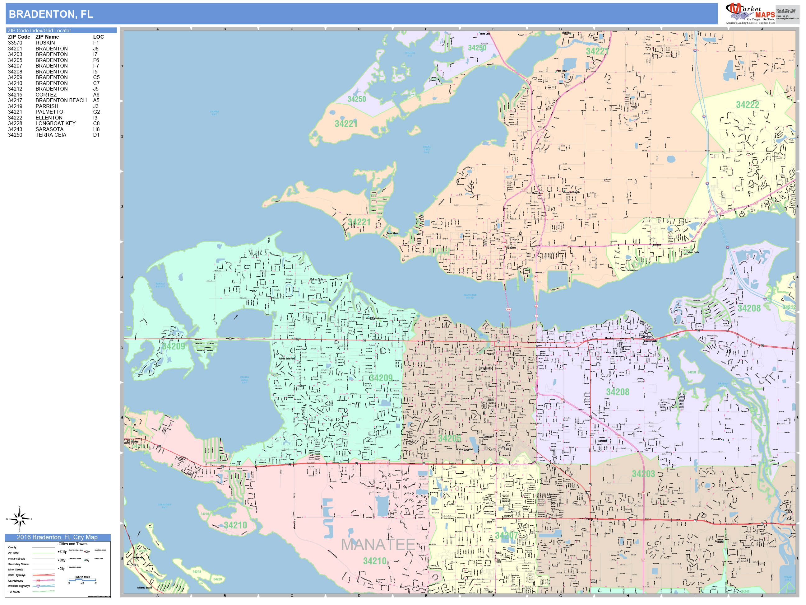 Bradenton Florida Wall Map (Color Cast Style) by MarketMAPS