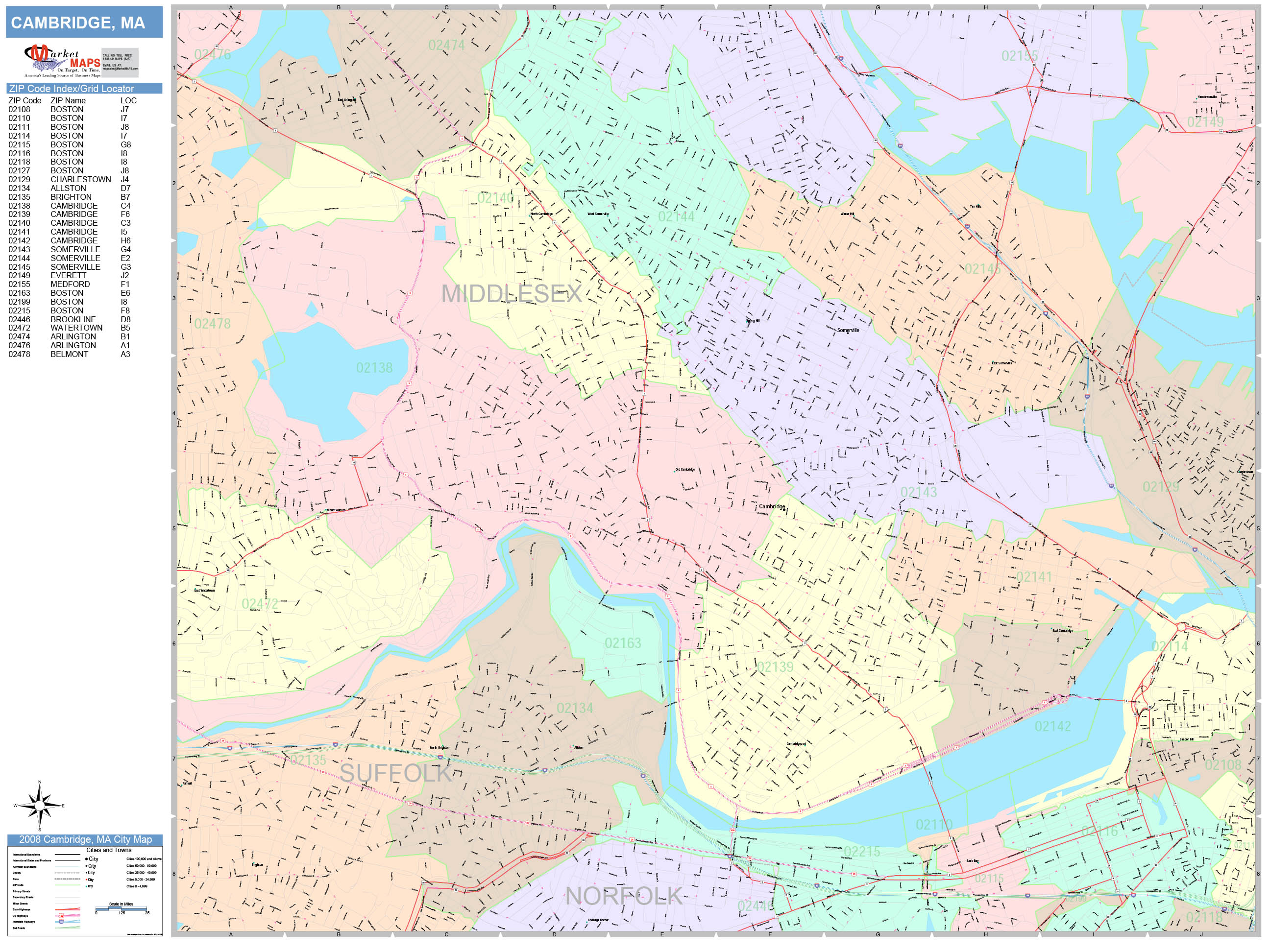 Cambridge Massachusetts Wall Map (Color Cast Style) by MarketMAPS ...