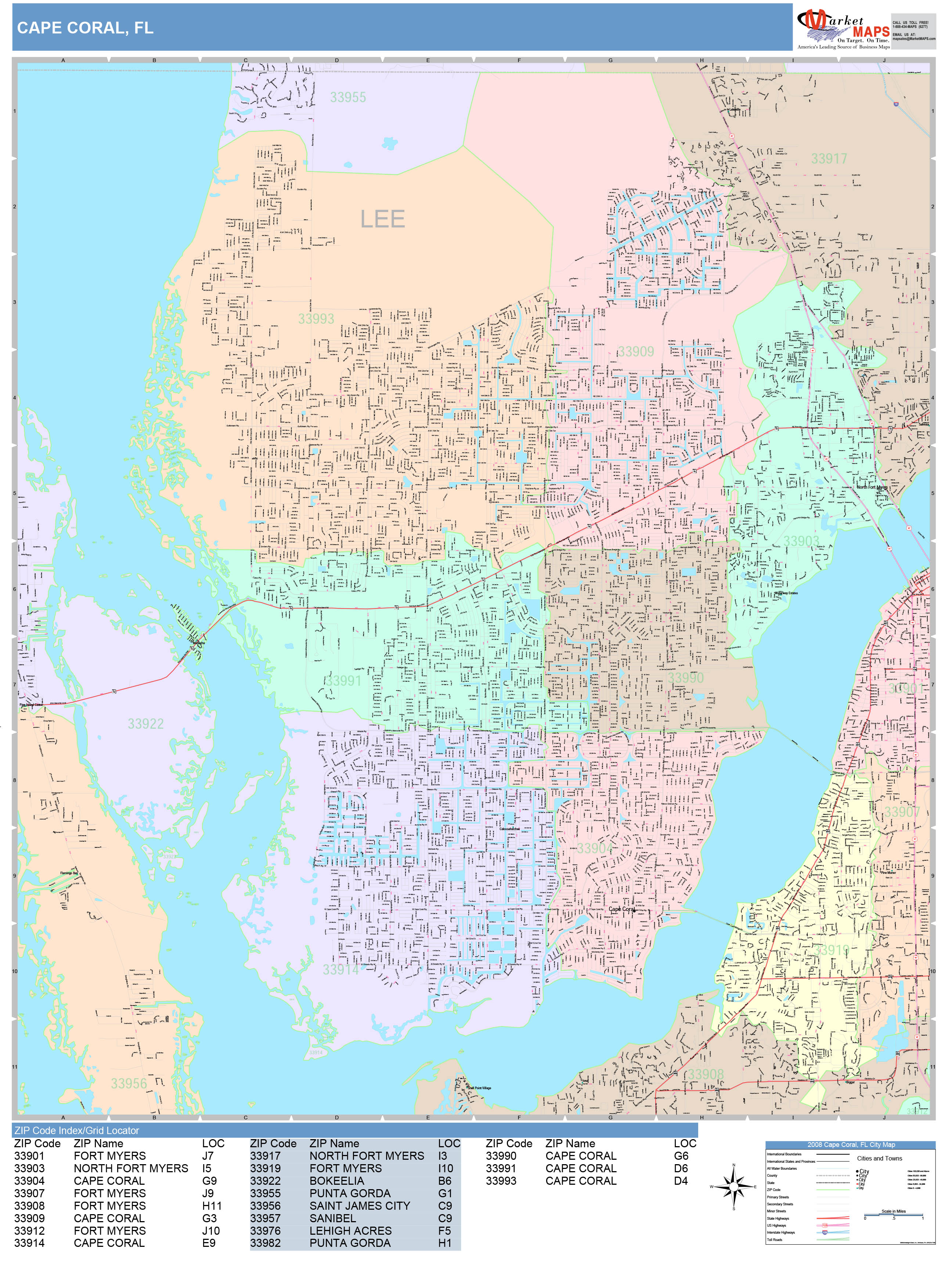 Cape Coral Florida Wall Map Color Cast Style By Marketmaps
