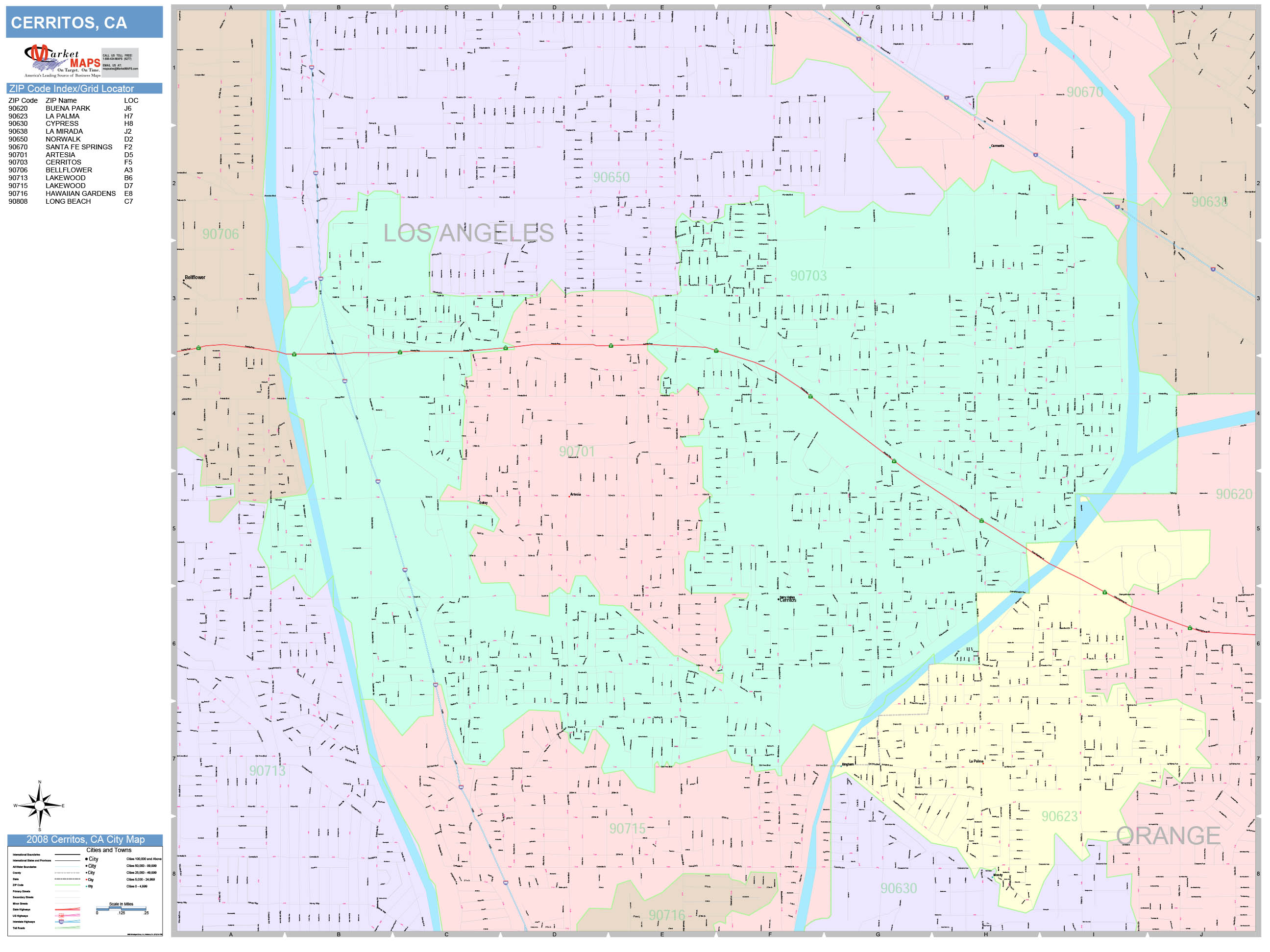 Cerritos California Wall Map (Color Cast Style) by MarketMAPS