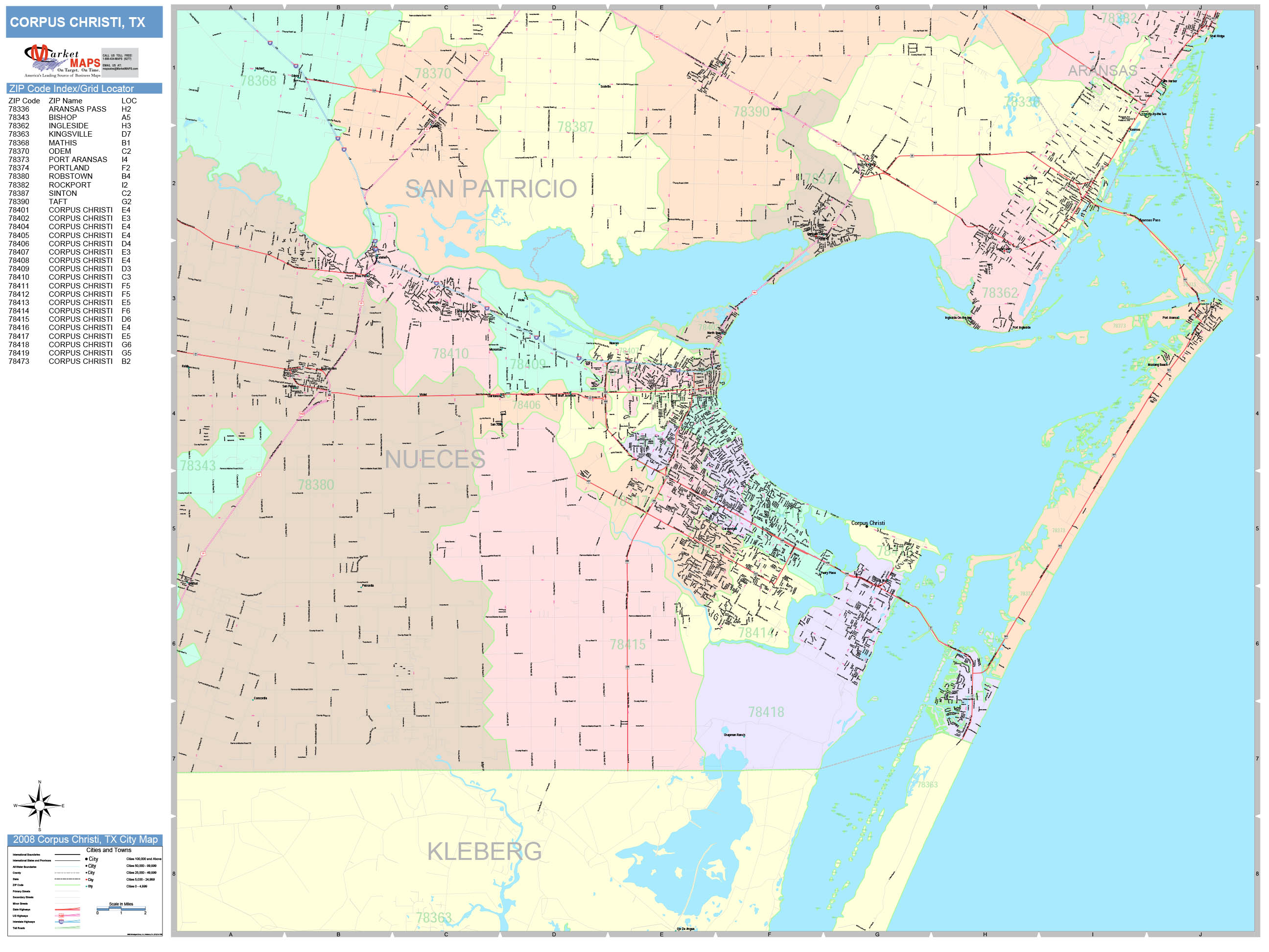 Corpus Christi Texas Wall Map (Color Cast Style) by MarketMAPS