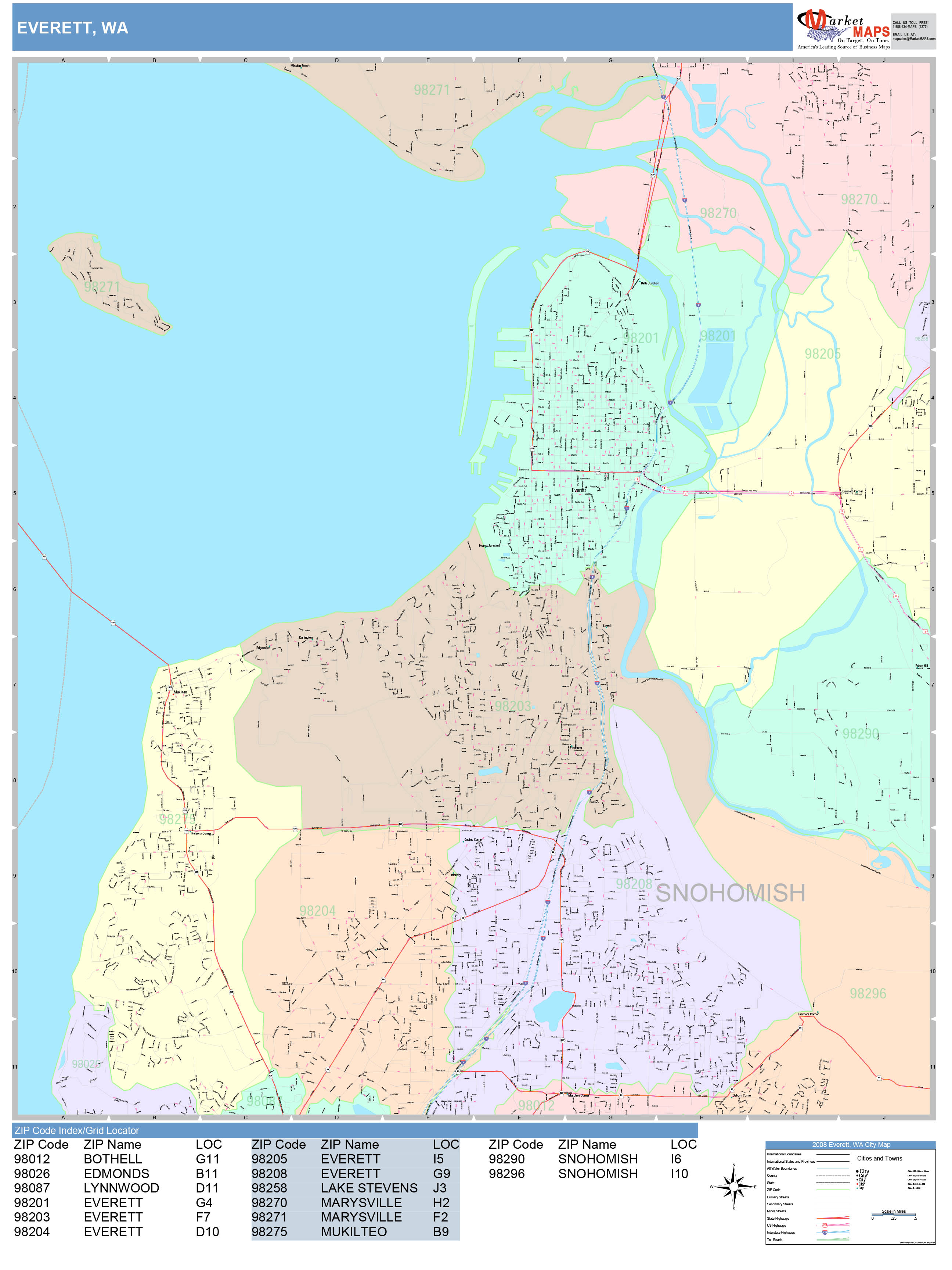 Everett Washington Wall Map (Color Cast Style) by MarketMAPS - MapSales