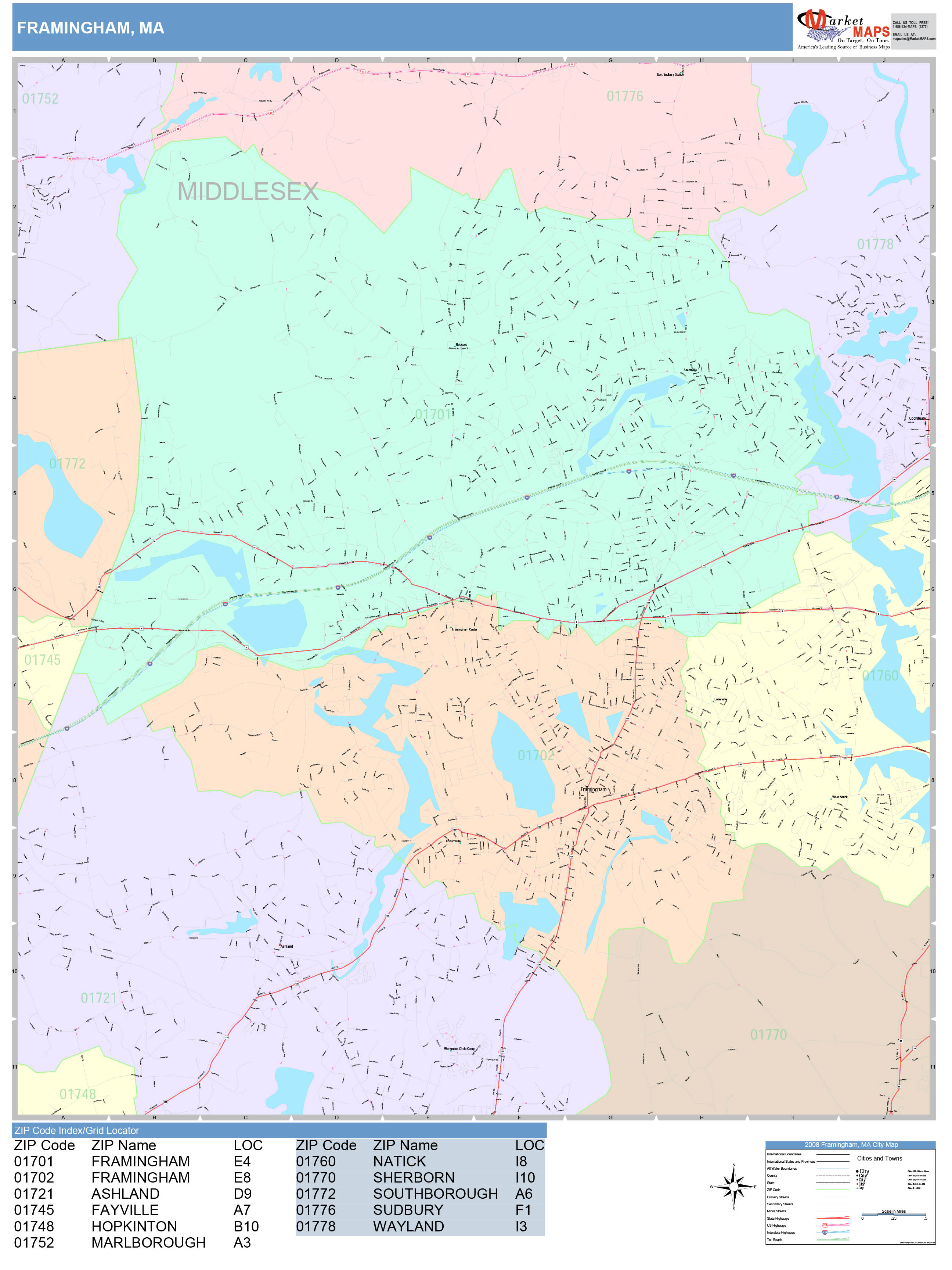 Framingham Massachusetts Wall Map (Color Cast Style) by MarketMAPS ...