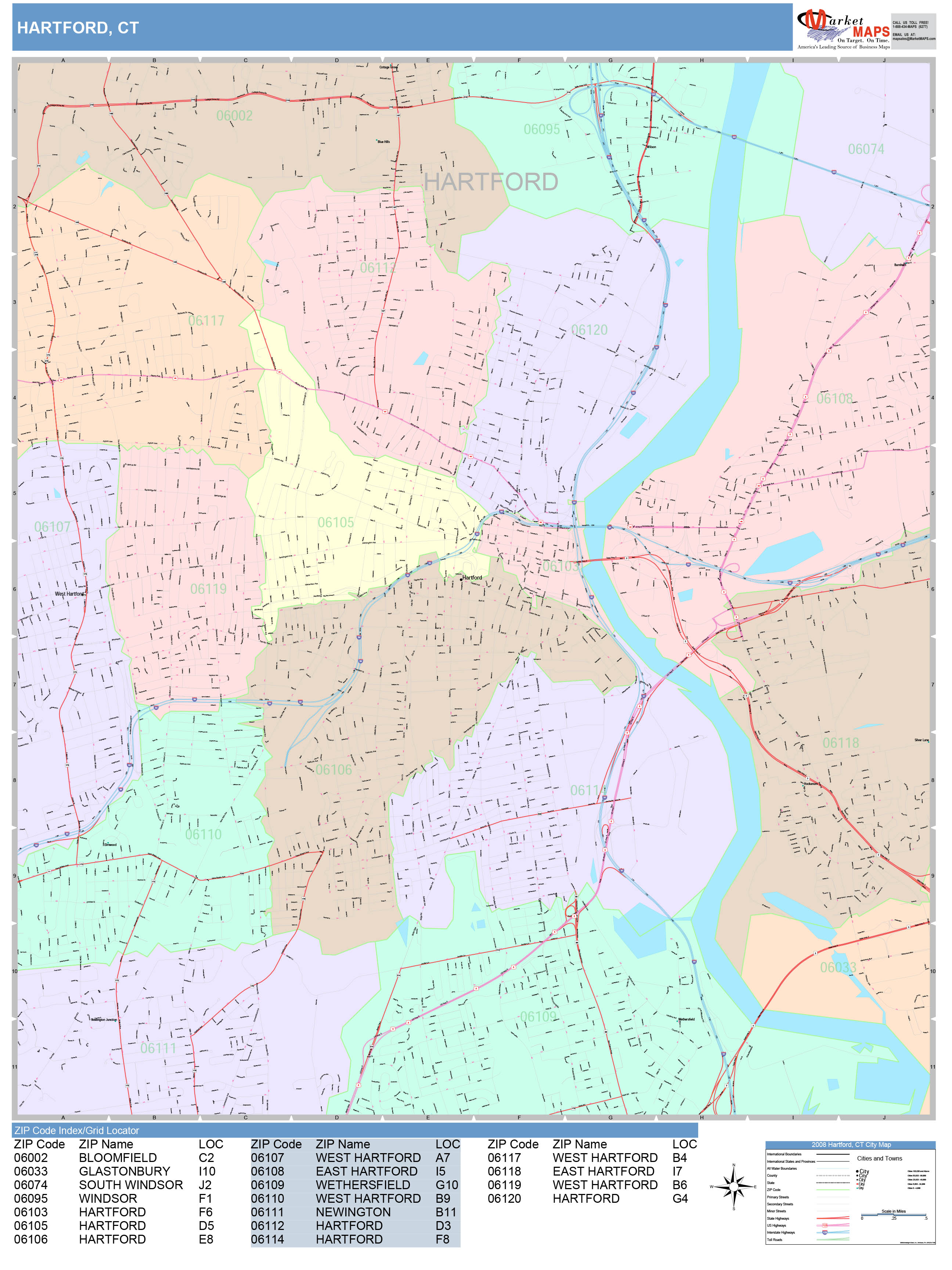 Hartford Connecticut Wall Map (Color Cast Style) by MarketMAPS