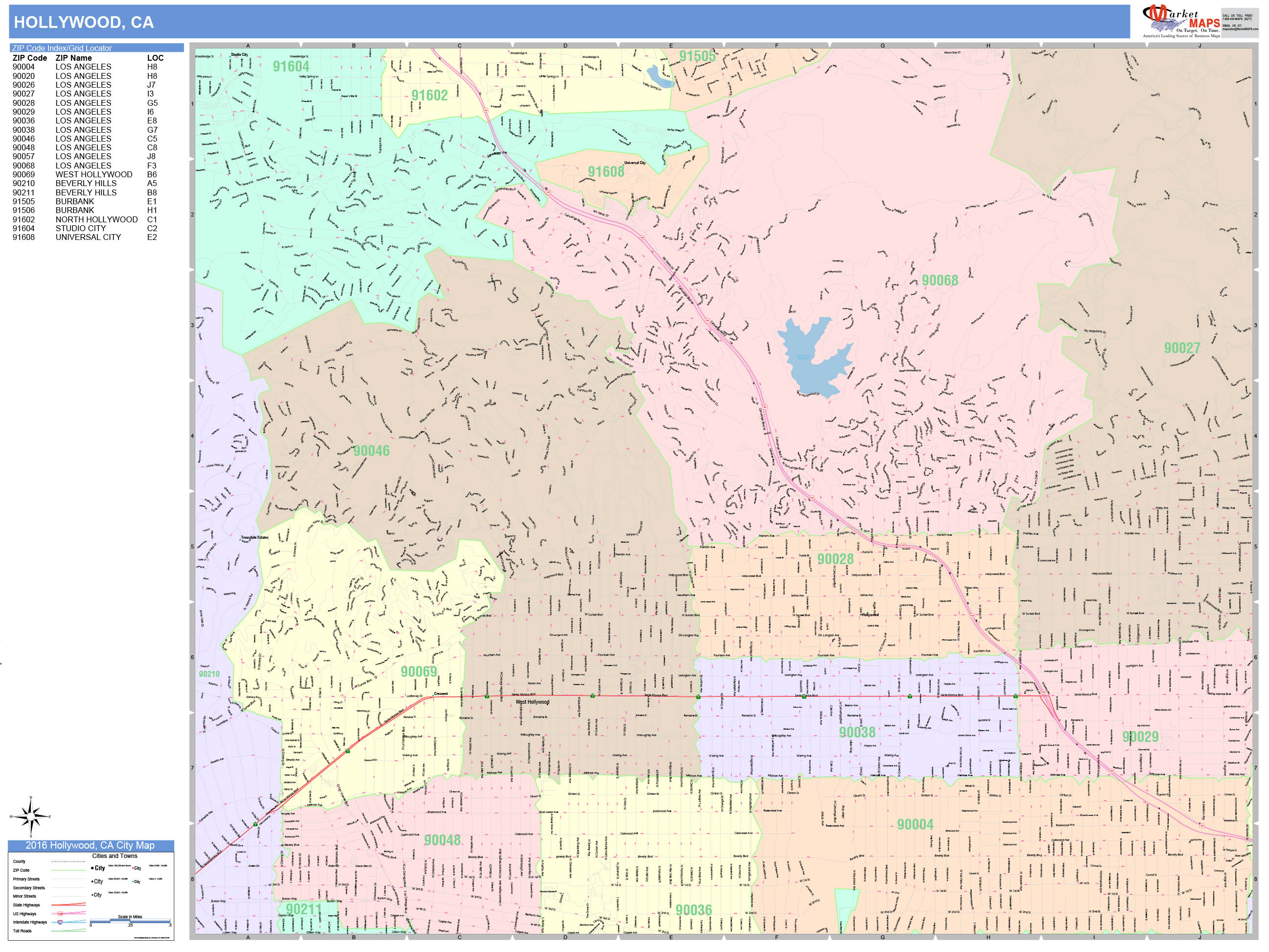 Hollywood California Wall Map (Color Cast Style) by MarketMAPS