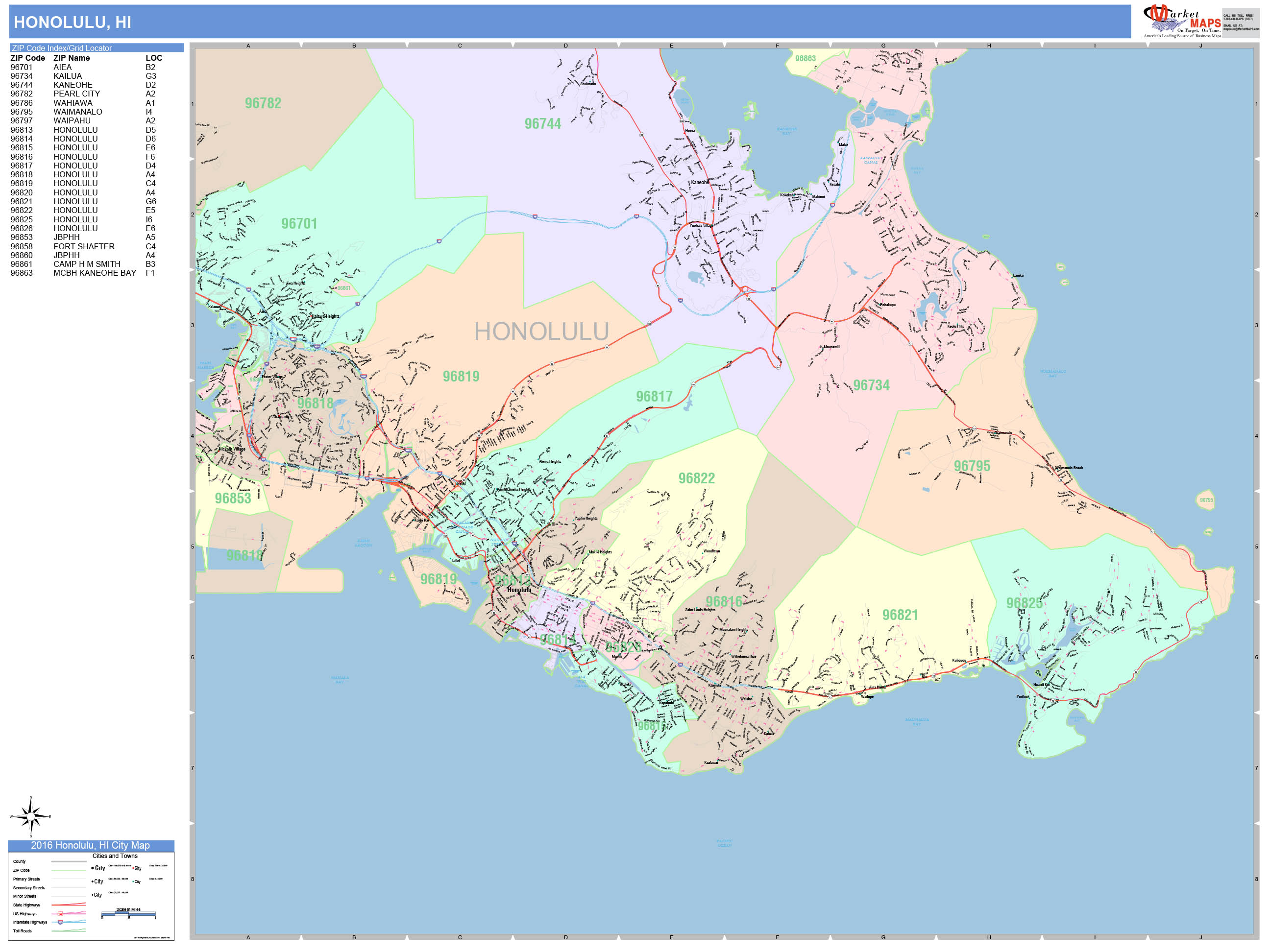 Honolulu Hawaii Wall Map (Color Cast Style) by MarketMAPS - MapSales.com