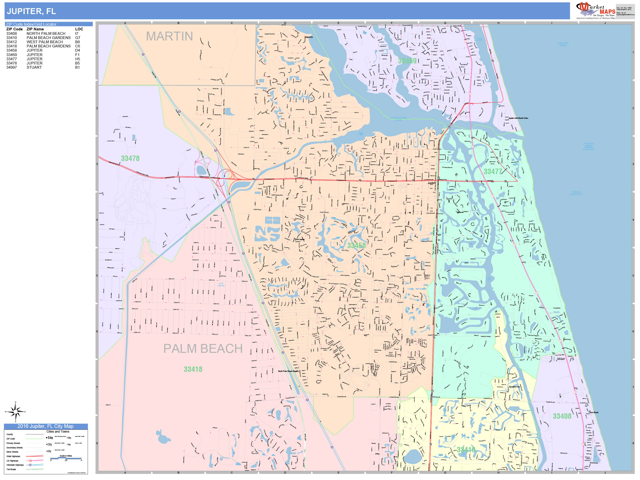 Jupiter Florida Wall Map (Color Cast Style) by MarketMAPS - MapSales.com