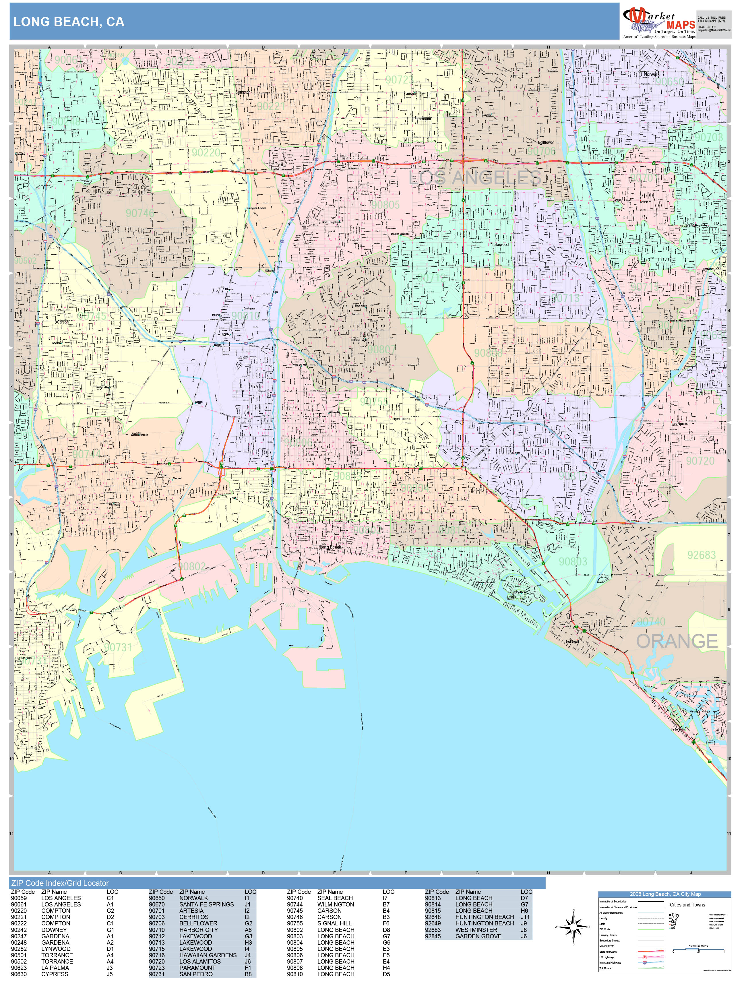 Long Beach California Wall Map (Color Cast Style) by MarketMAPS