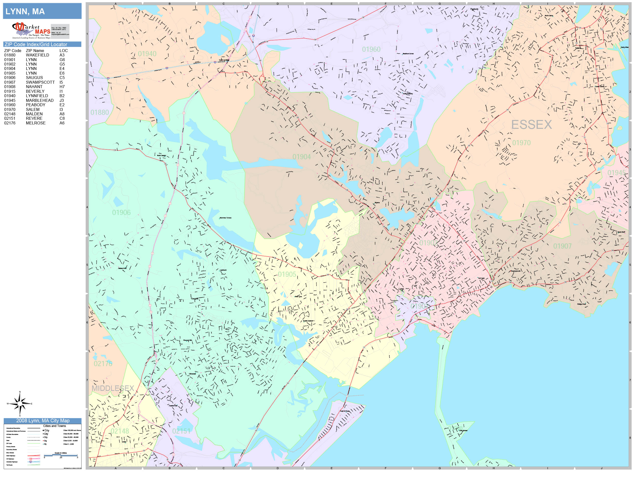 Lynn Massachusetts Wall Map Color Cast Style By Marketmaps Mapsales