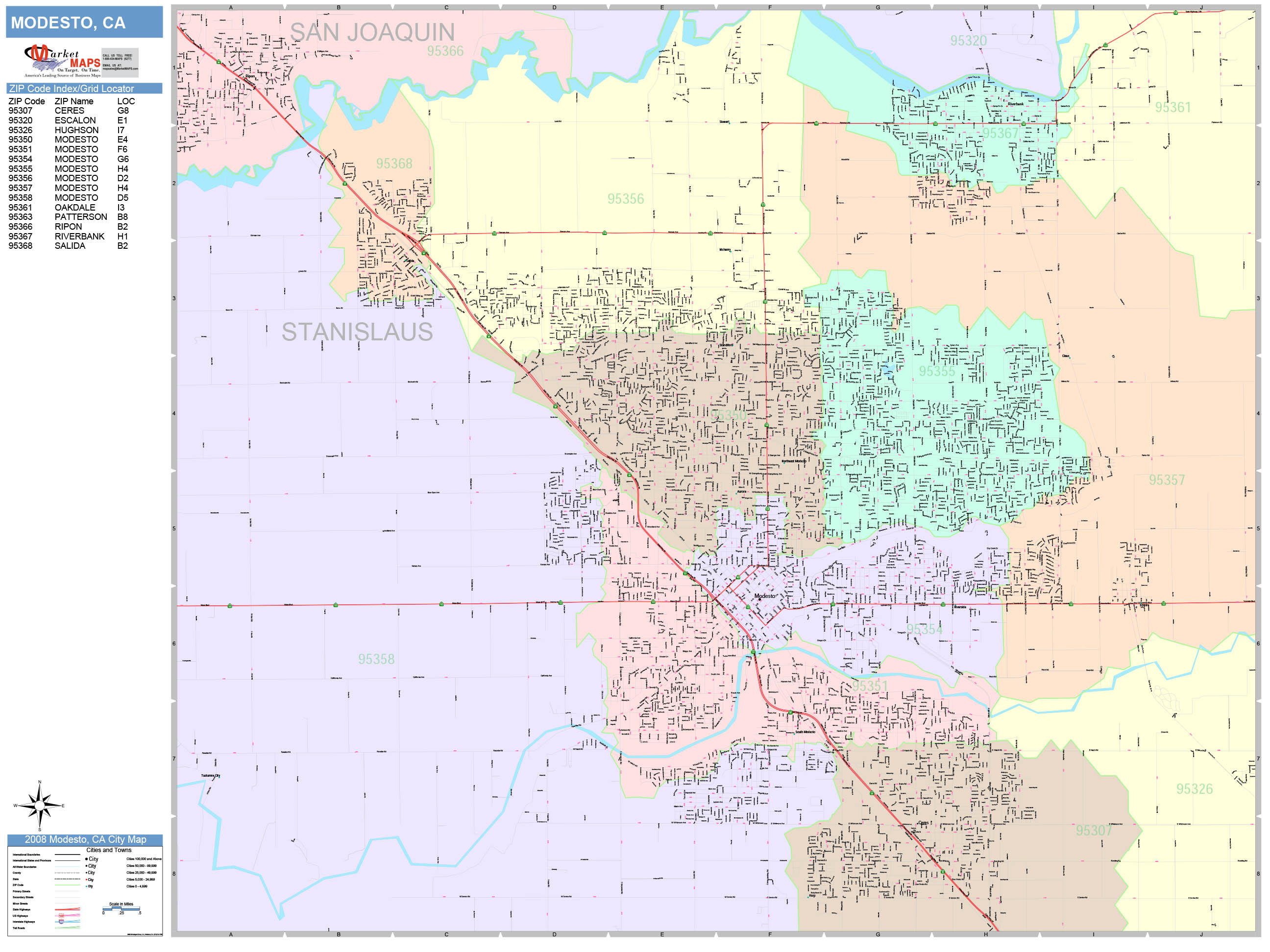 Modesto California Wall Map (Color Cast Style) by MarketMAPS - MapSales