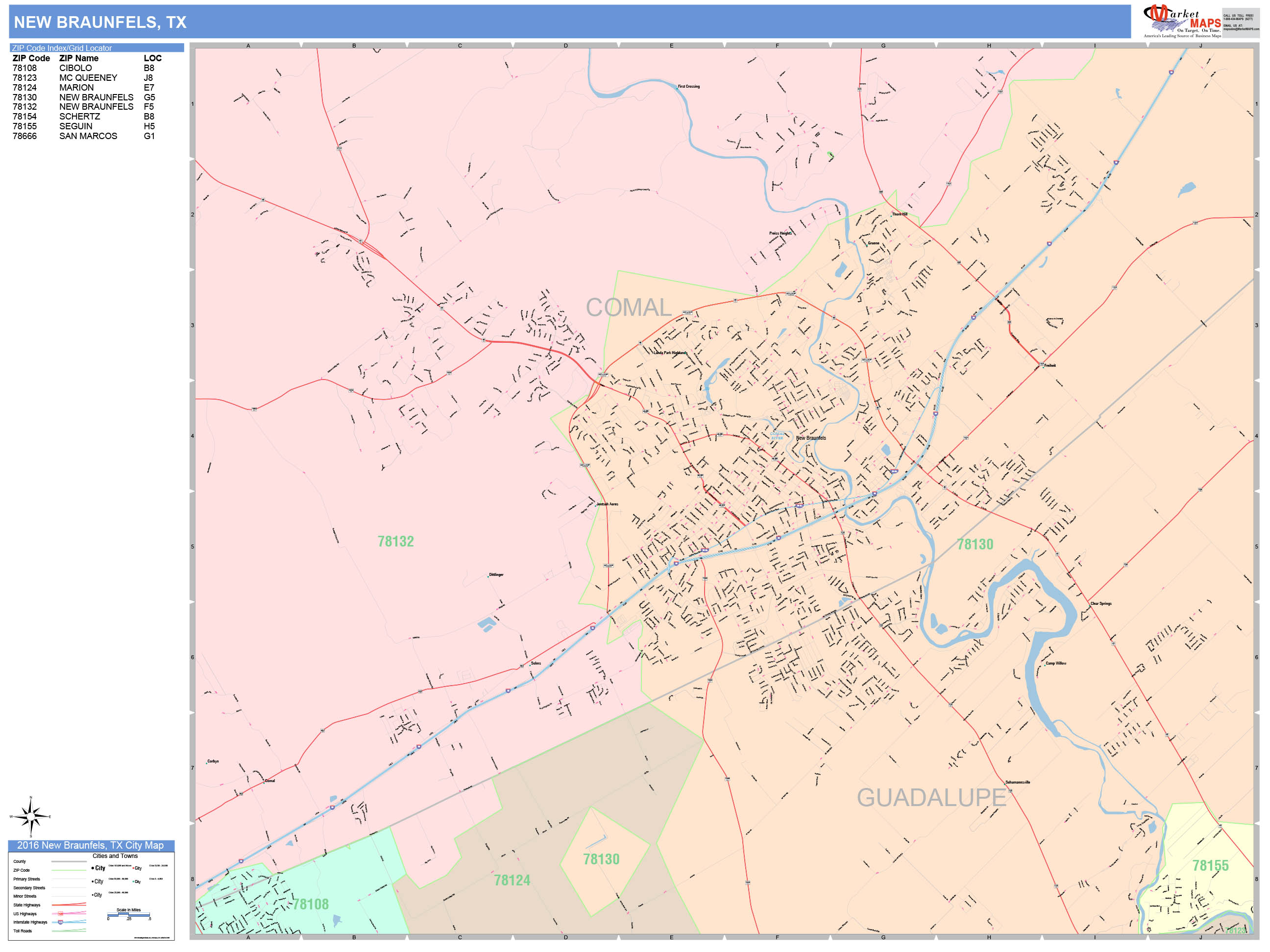 New Braunfels Texas Wall Map (Color Cast Style) by MarketMAPS - MapSales