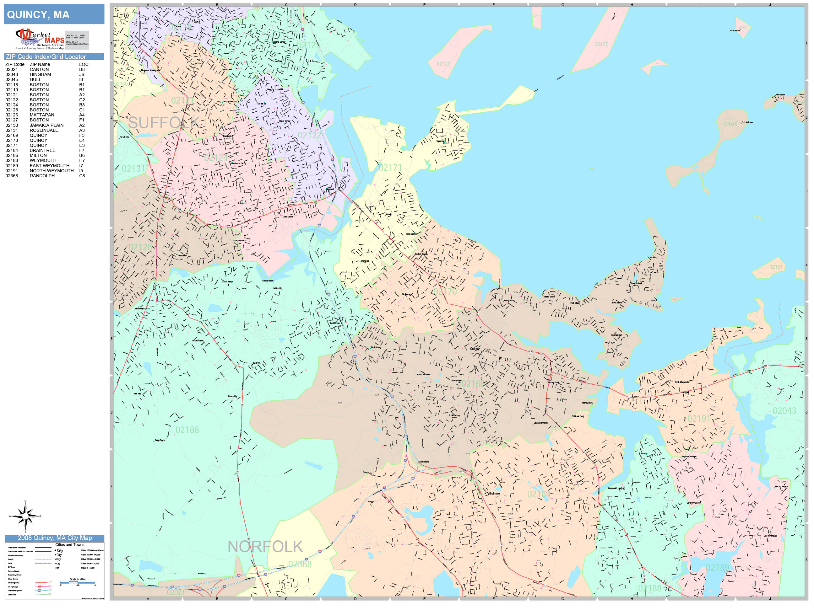 Quincy Massachusetts Wall Map (Color Cast Style) by MarketMAPS - MapSales