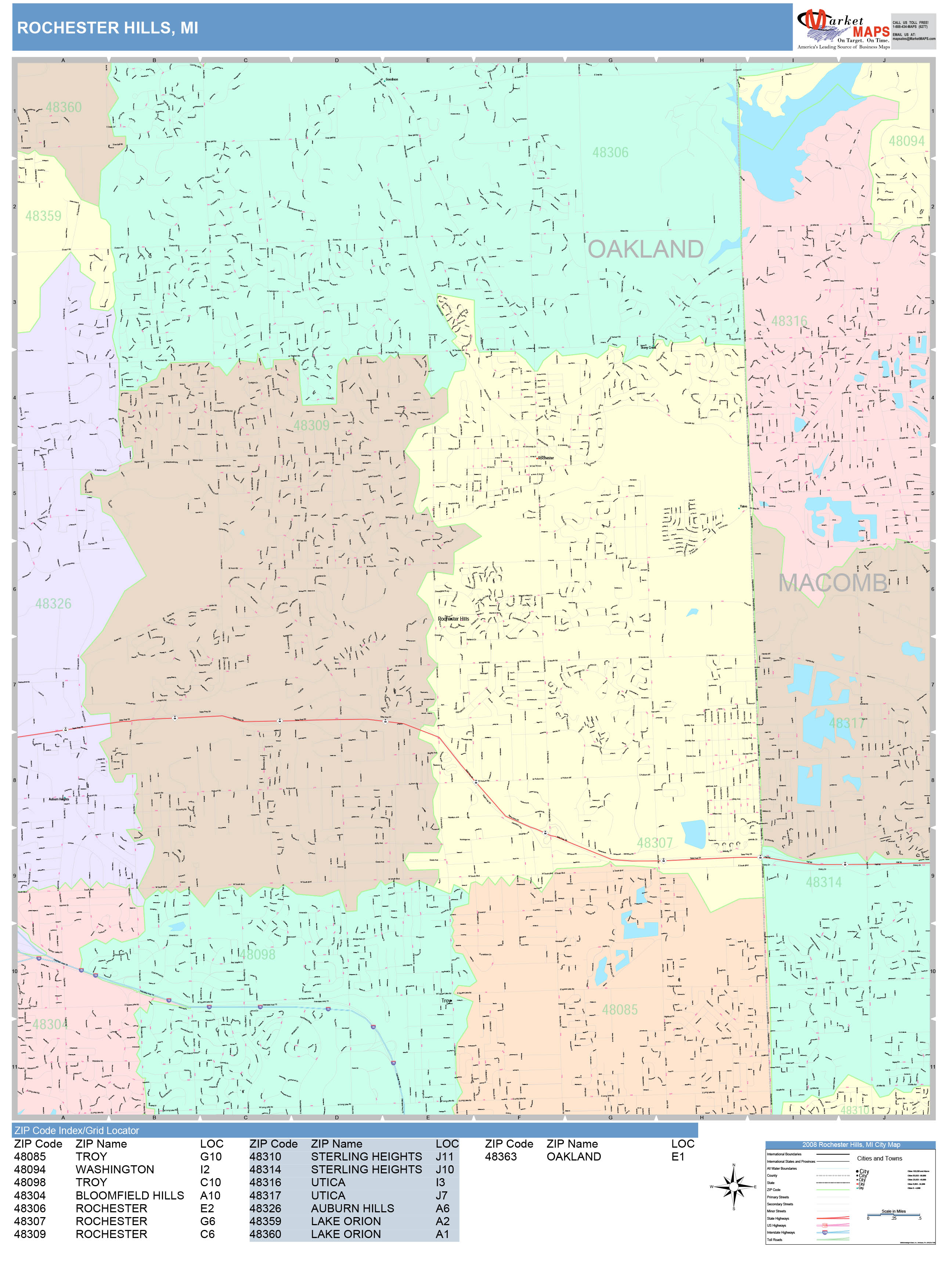 Rochester Hills Michigan Wall Map (Color Cast Style) by MarketMAPS ...
