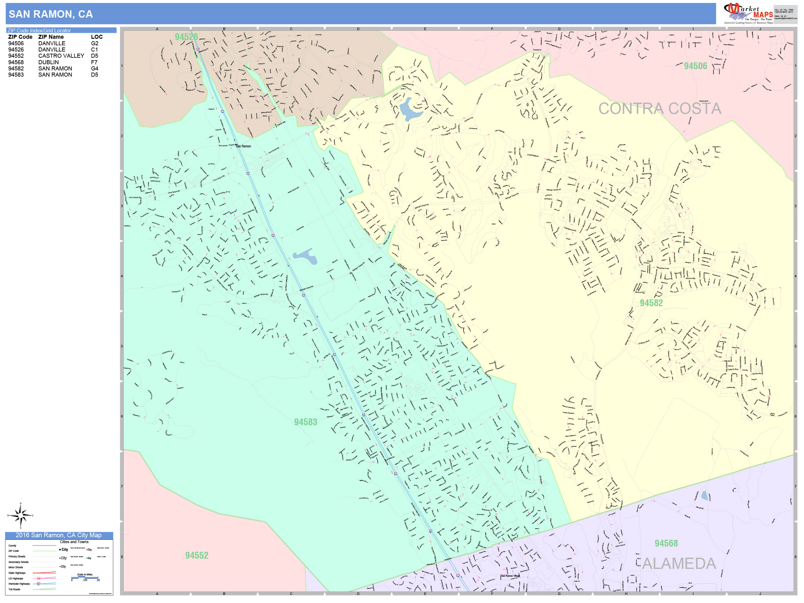 San Ramon California Wall Map (Color Cast Style) by MarketMAPS - MapSales