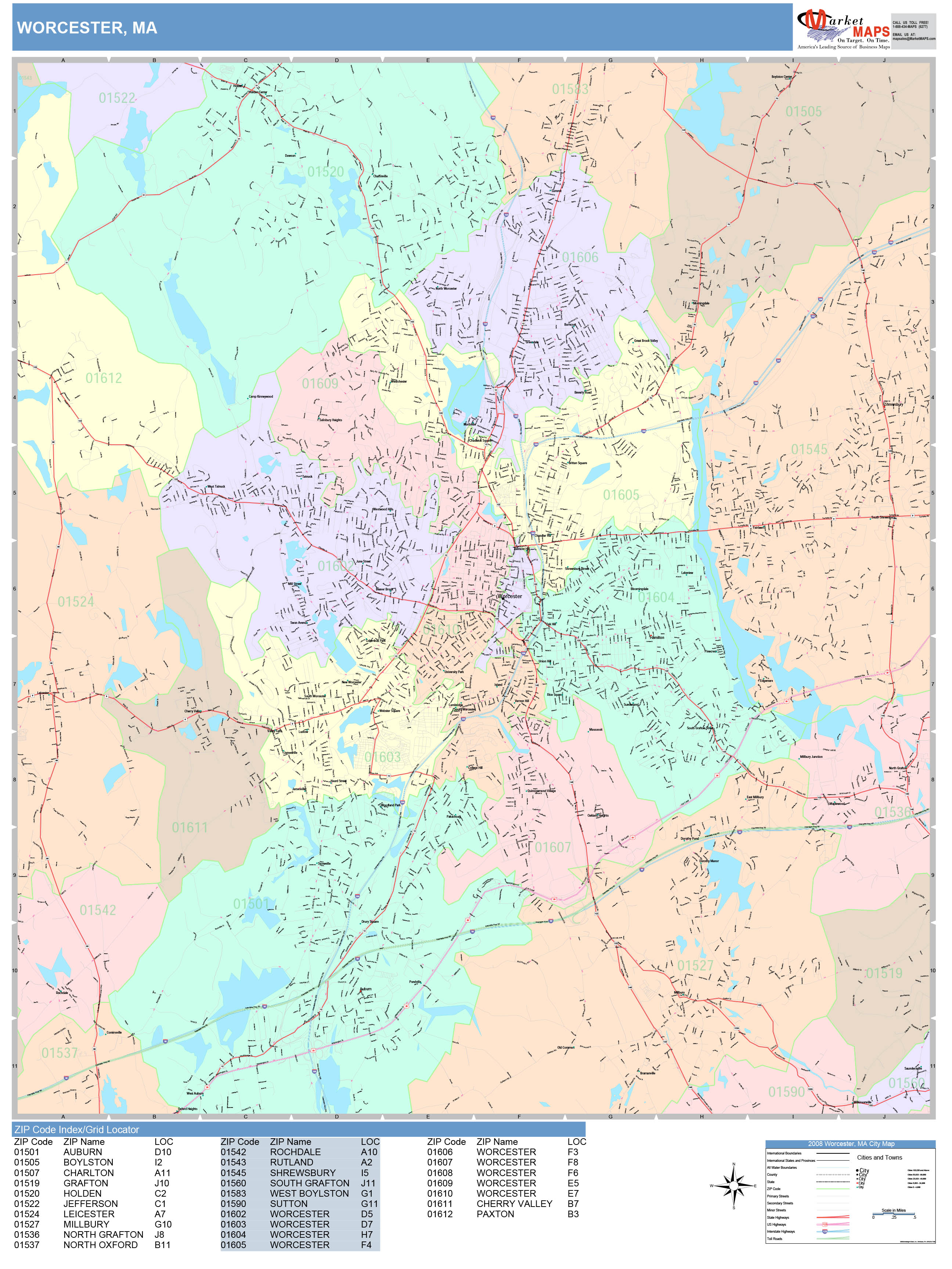 Worcester Massachusetts Wall Map (Color Cast Style) by MarketMAPS ...