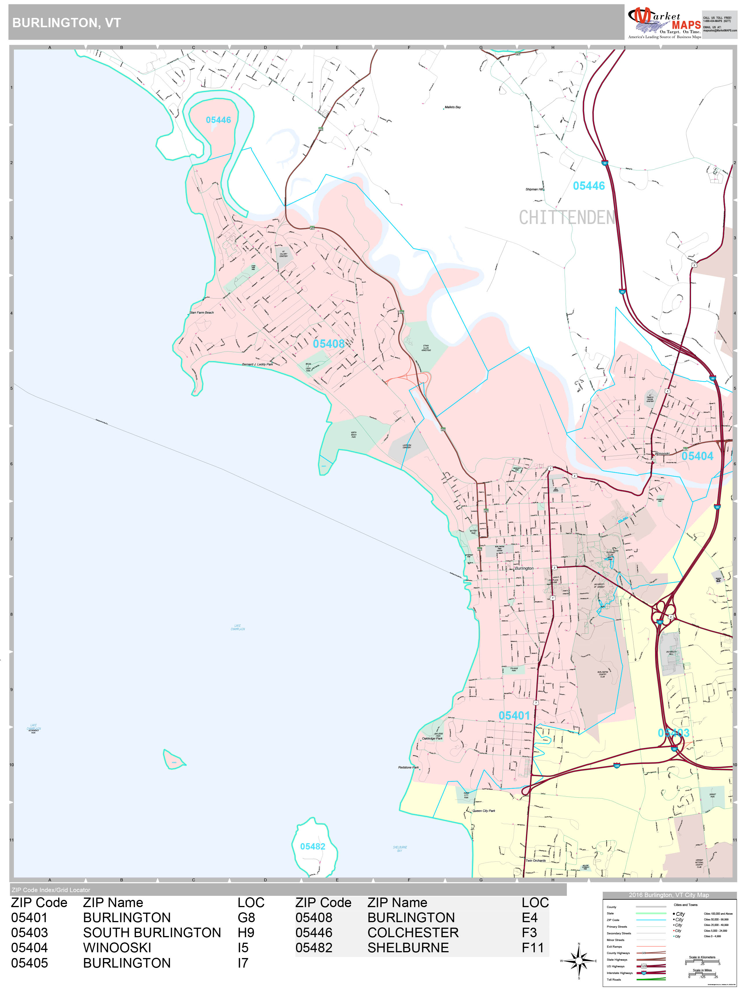 Burlington Vermont Wall Map (Premium Style) by MarketMAPS - MapSales.com