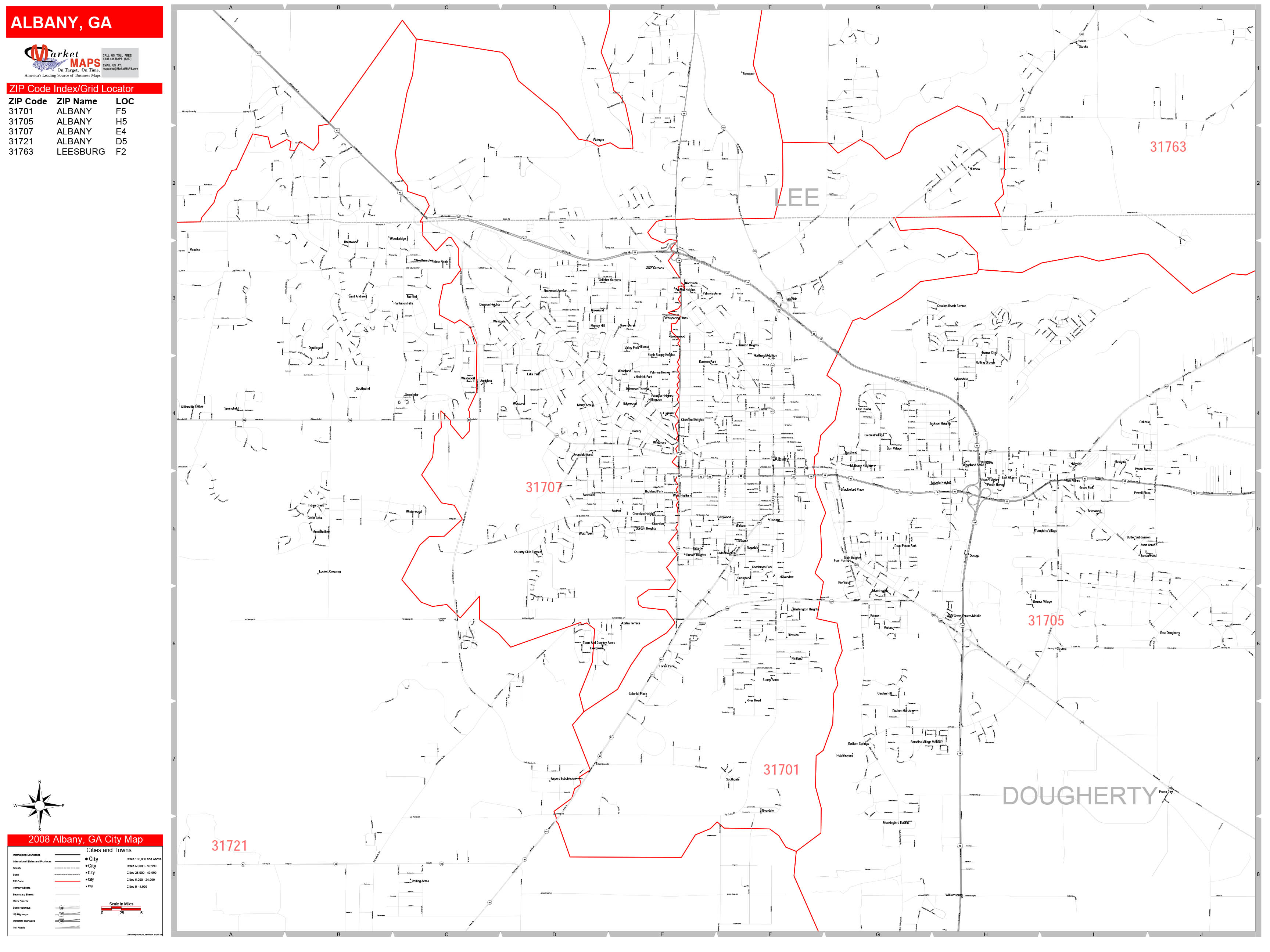 Albany Georgia Zip Code Wall Map (Red Line Style) by MarketMAPS - MapSales