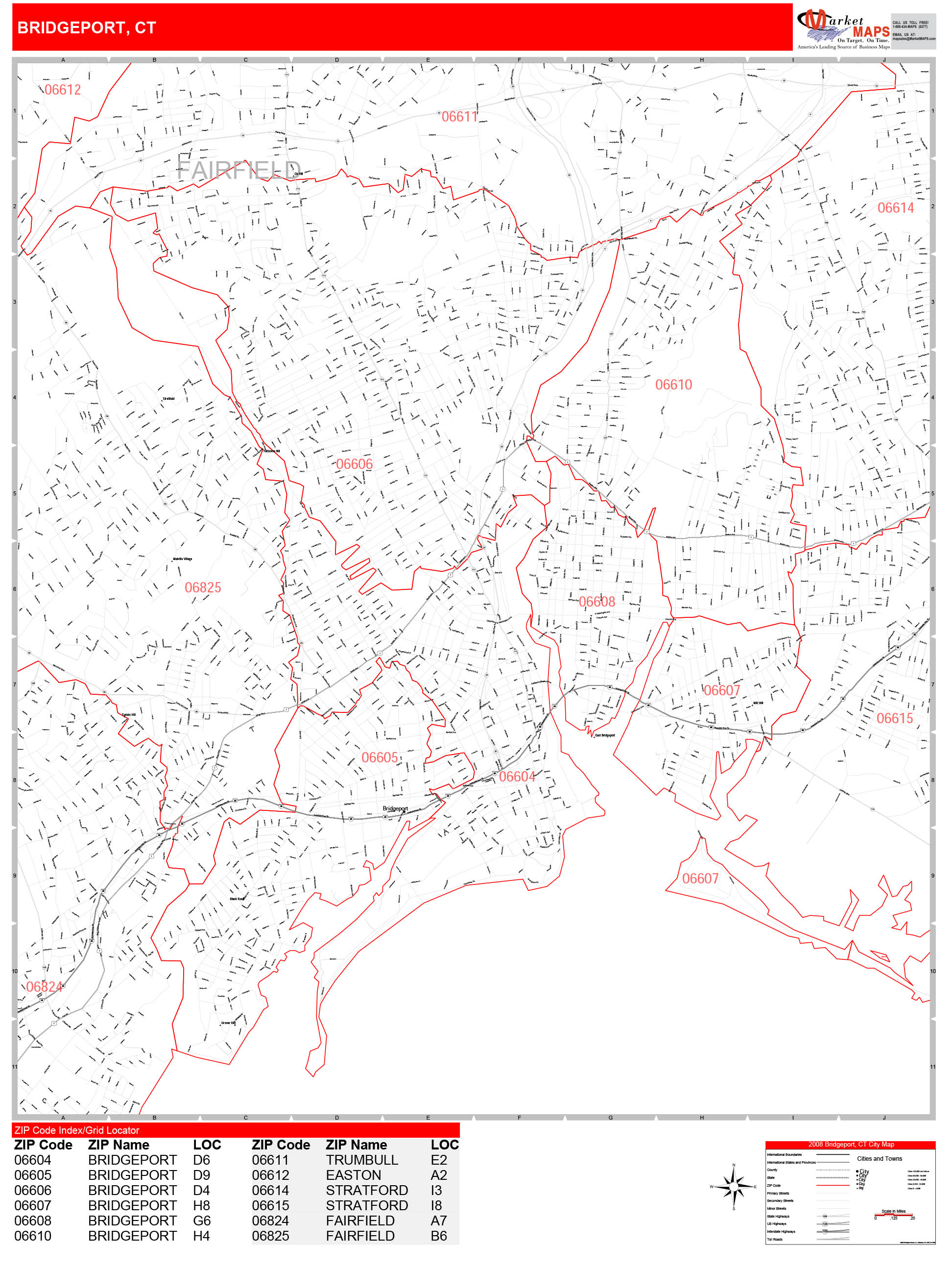 Bridgeport Connecticut Zip Code Wall Map (Red Line Style) by MarketMAPS ...