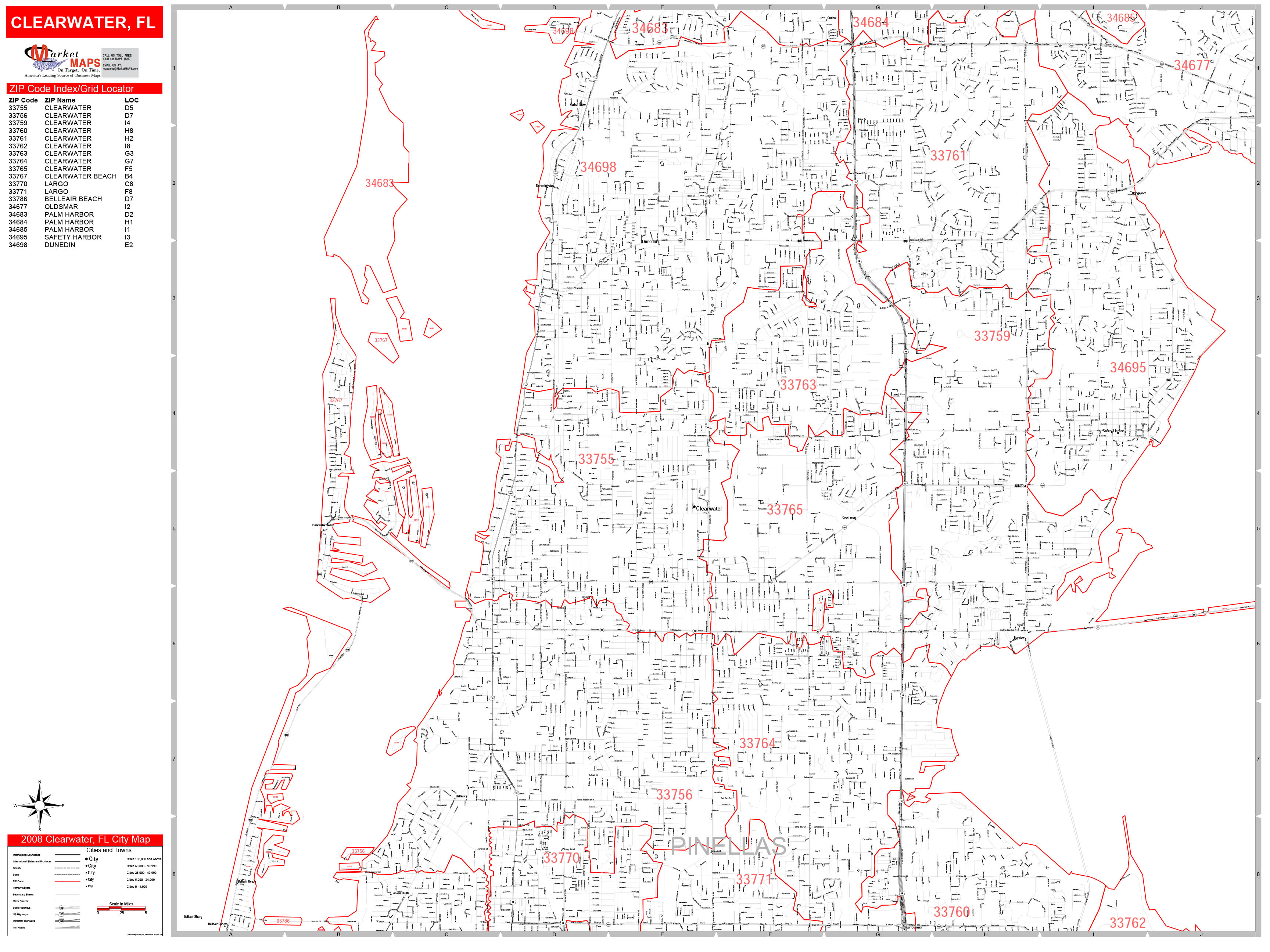 Clearwater Florida Zip Code Wall Map (Red Line Style) by MarketMAPS ...