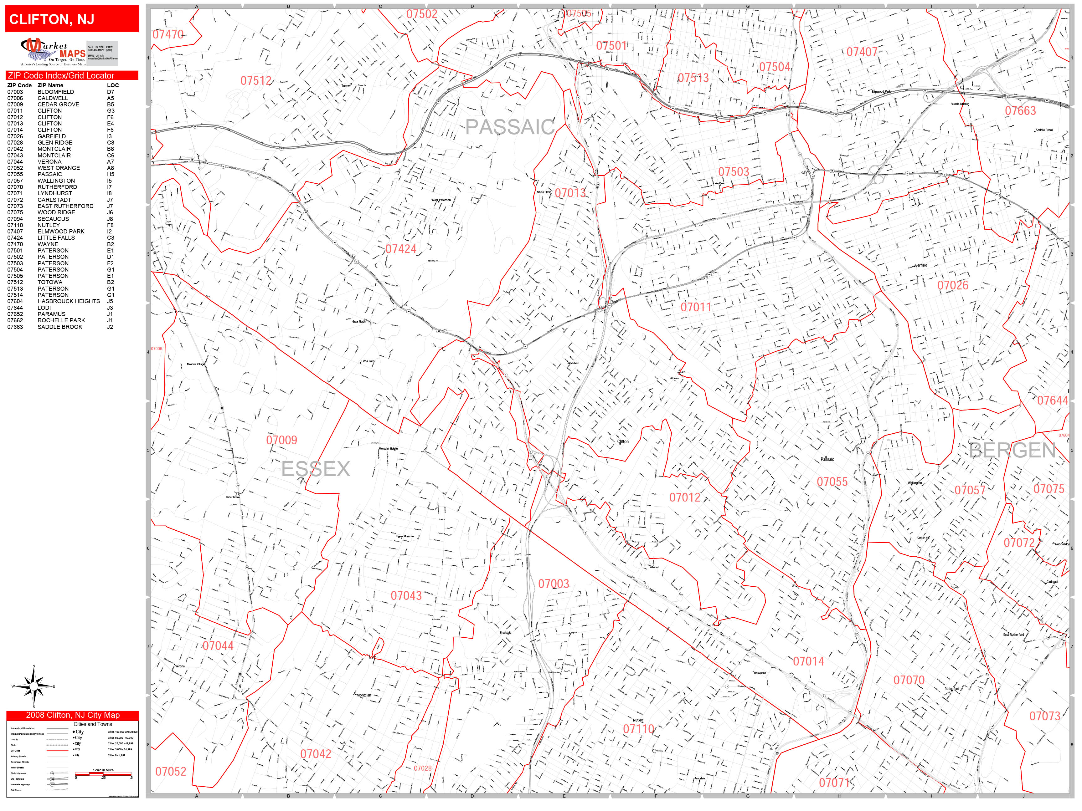 Clifton New Jersey Zip Code Wall Map (Red Line Style) by MarketMAPS ...
