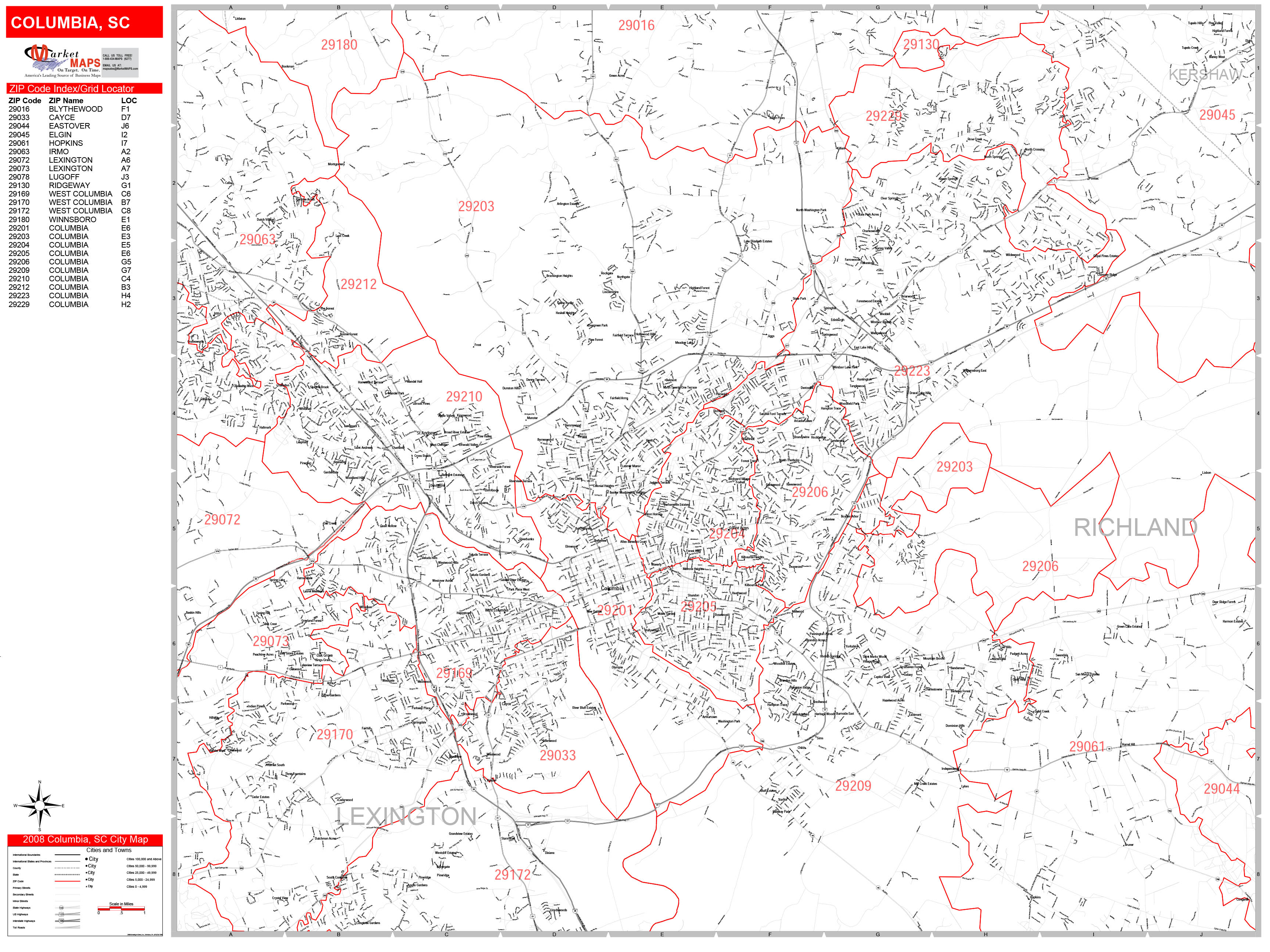 Columbia South Carolina Zip Code Wall Map Red Line Style By