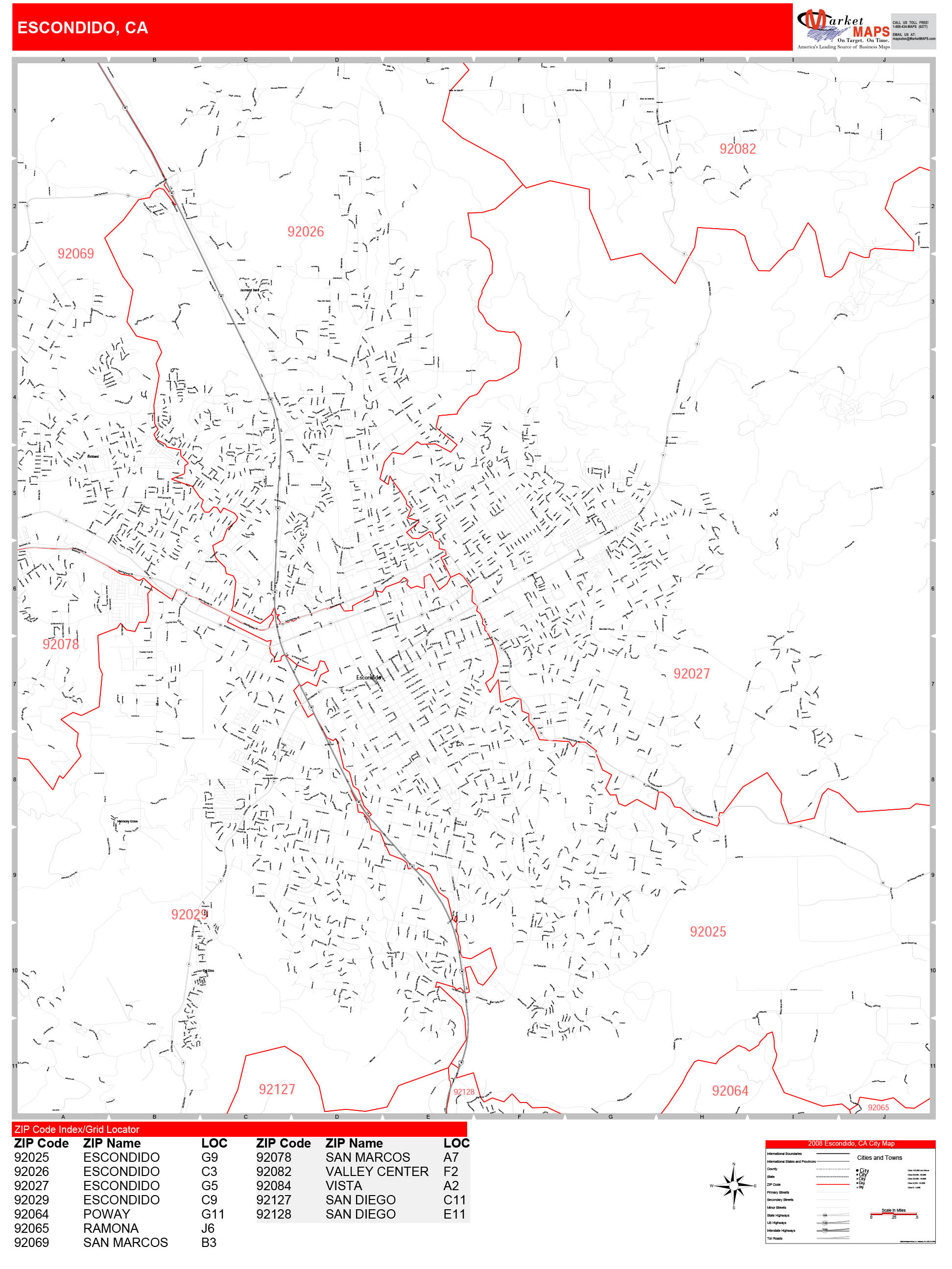 Escondido California Zip Code Wall Map (Red Line Style) by MarketMAPS ...