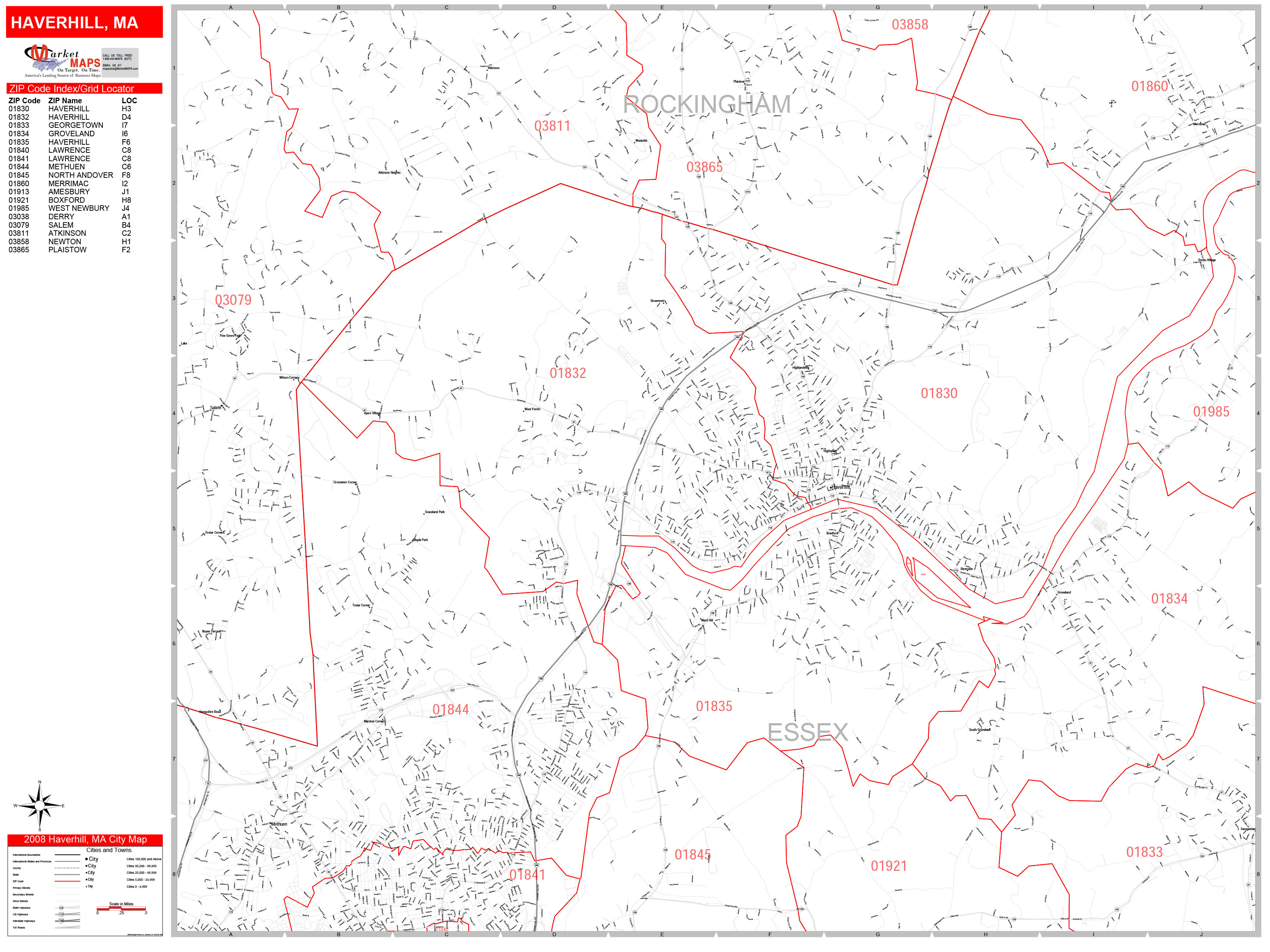 Haverhill Massachusetts Zip Code Wall Map (Red Line Style) by ...