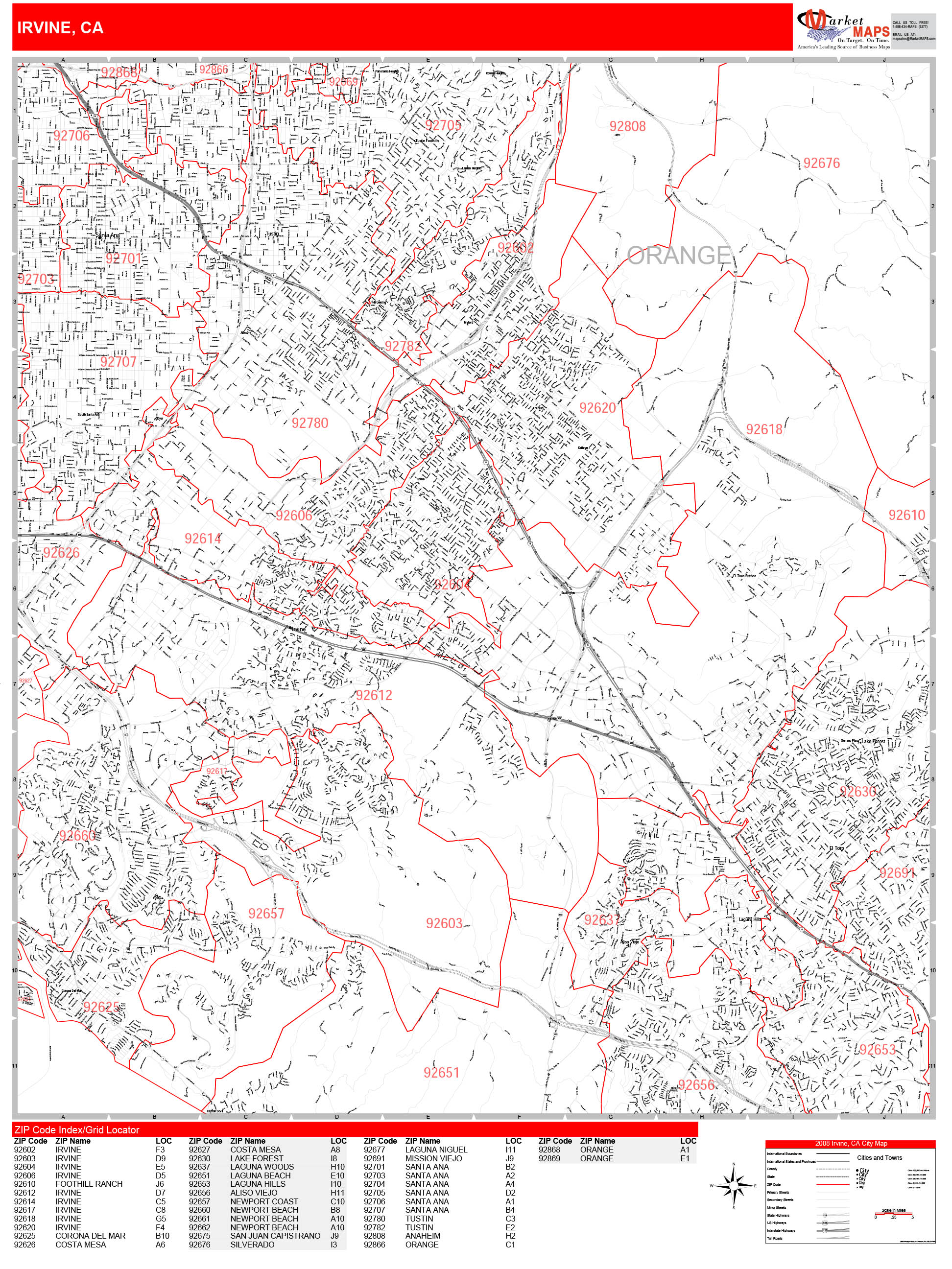 Irvine California Zip Code Wall Map Red Line Style By MarketMAPS