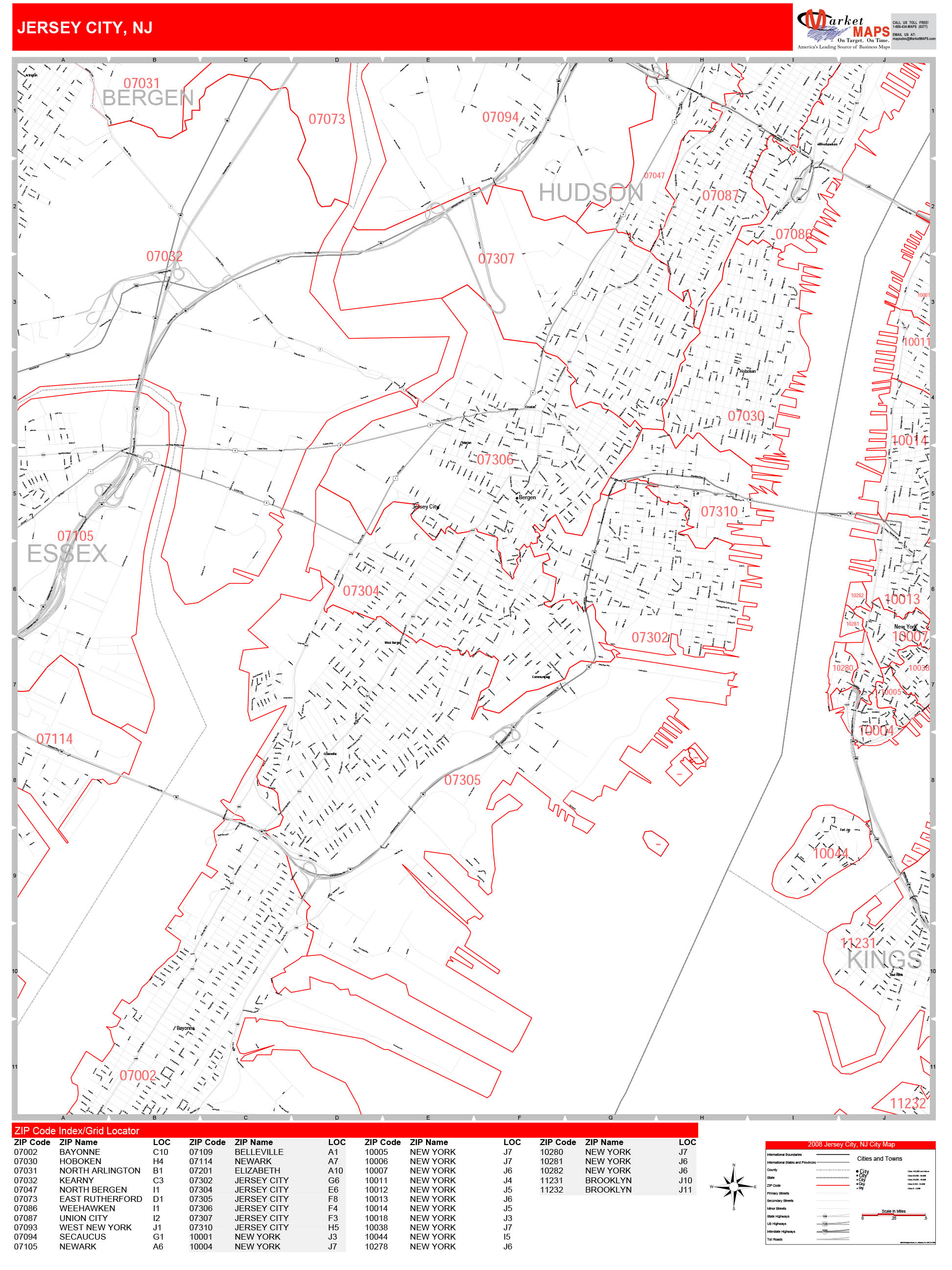 Jersey City New Jersey Zip Code Wall Map Red Line Style By MarketMAPS