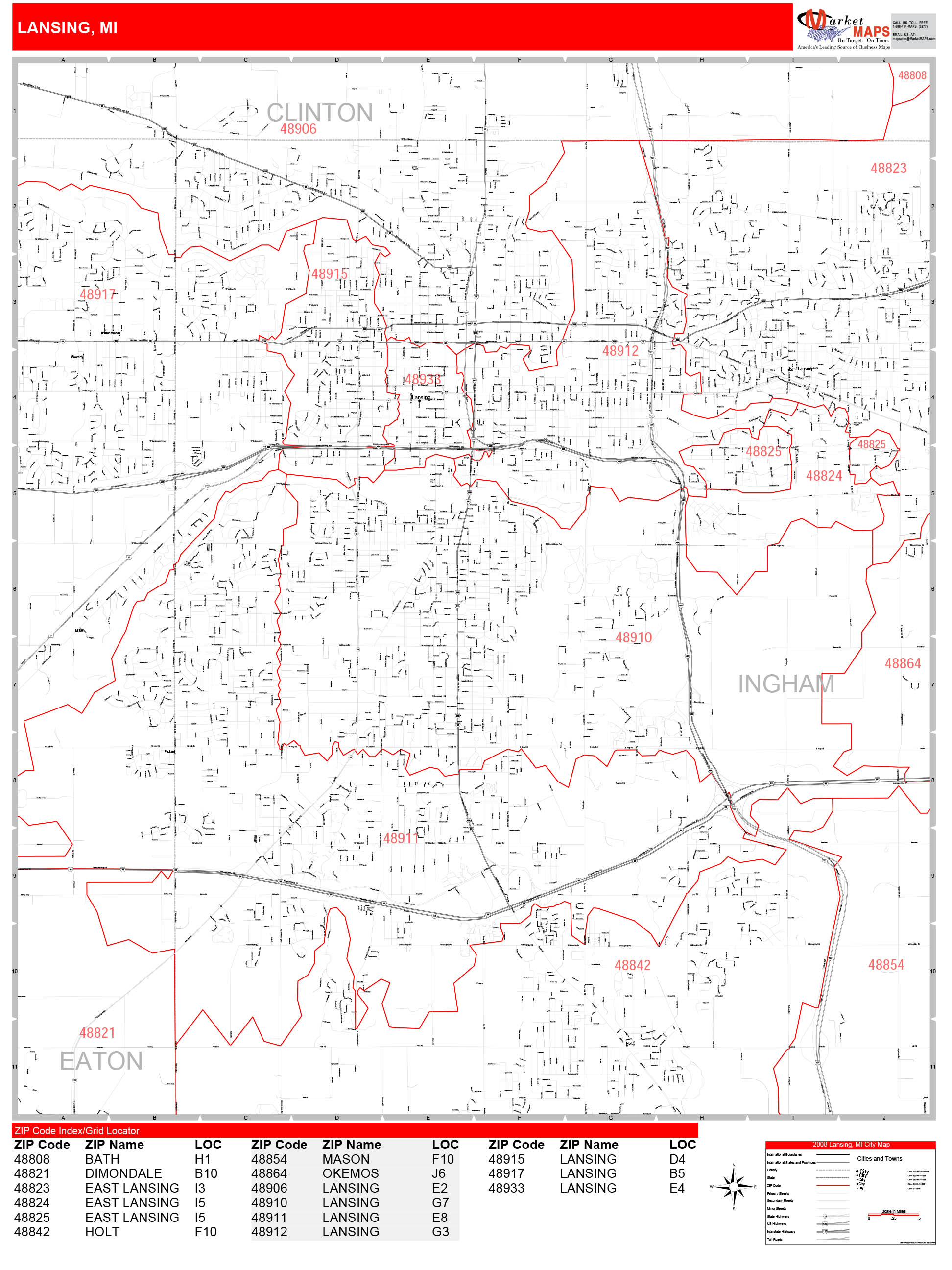 Lansing Michigan Zip Code Wall Map (Red Line Style) by MarketMAPS ...