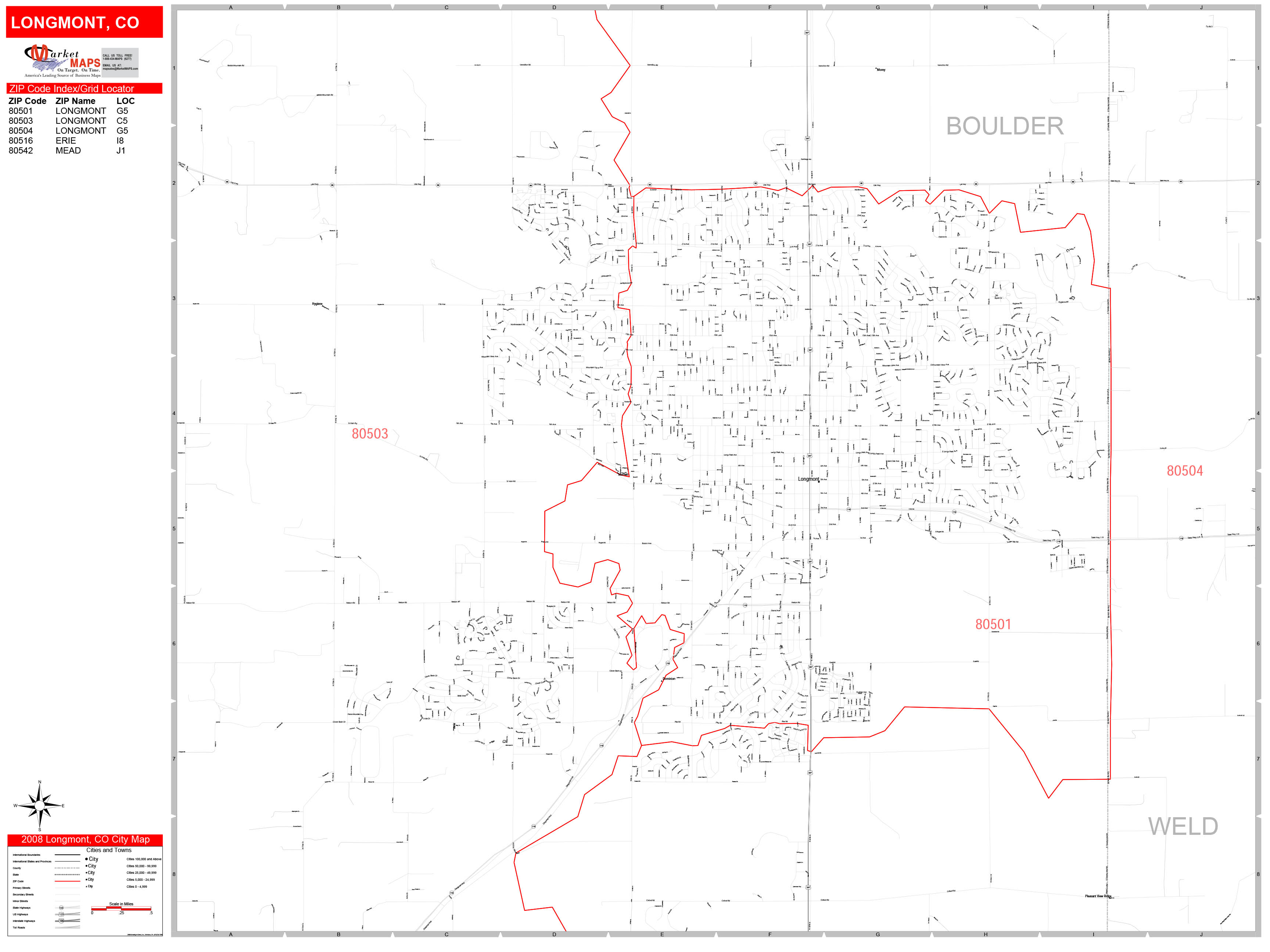 Longmont Colorado Zip Code Wall Map (Red Line Style) by MarketMAPS ...