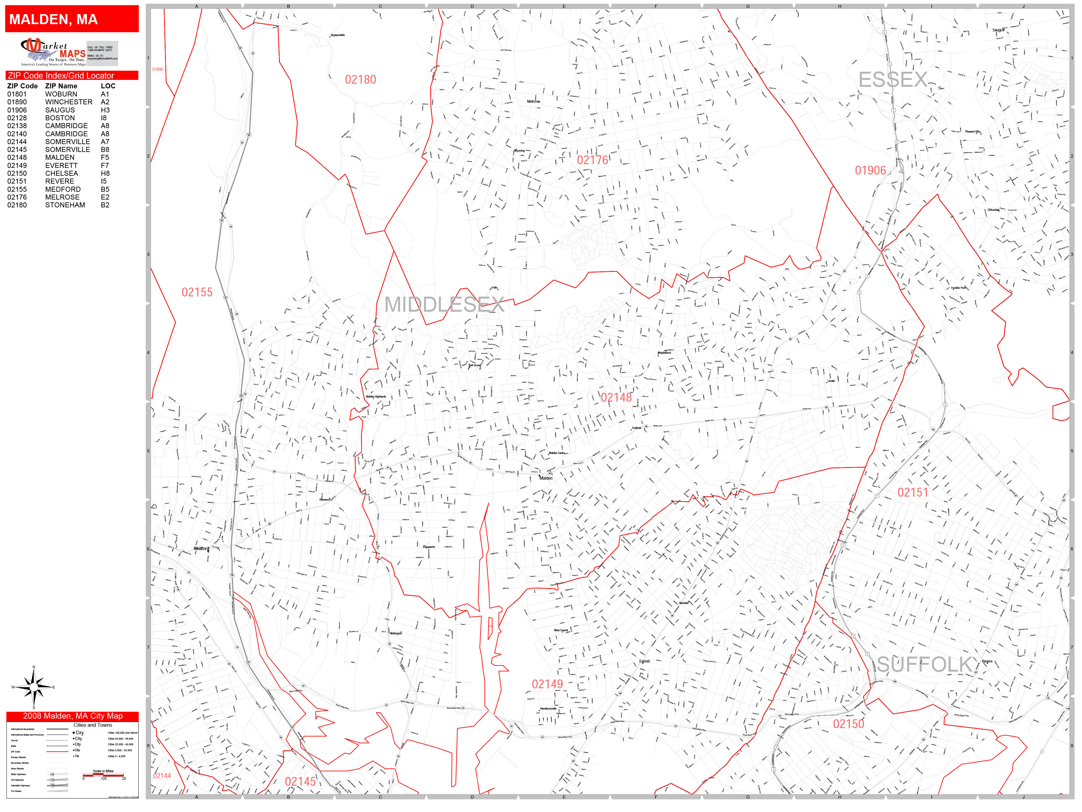 Malden Massachusetts Zip Code Wall Map Red Line Style By Marketmaps Mapsales