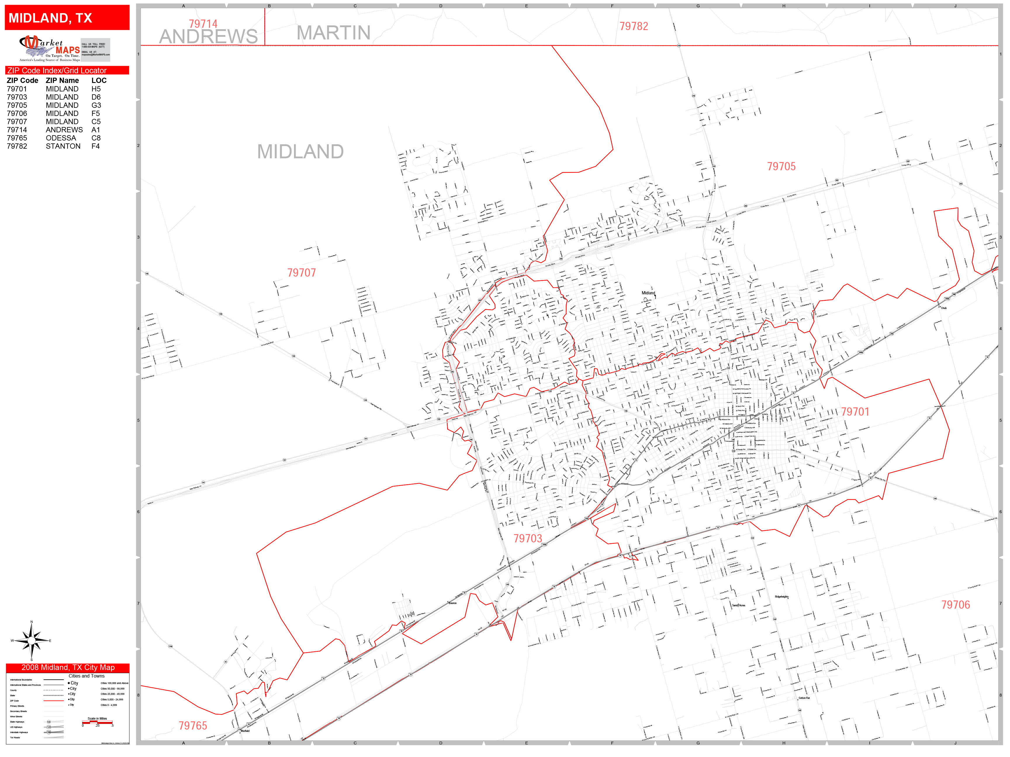 Midland Texas Zip Code Wall Map (Red Line Style) by MarketMAPS - MapSales