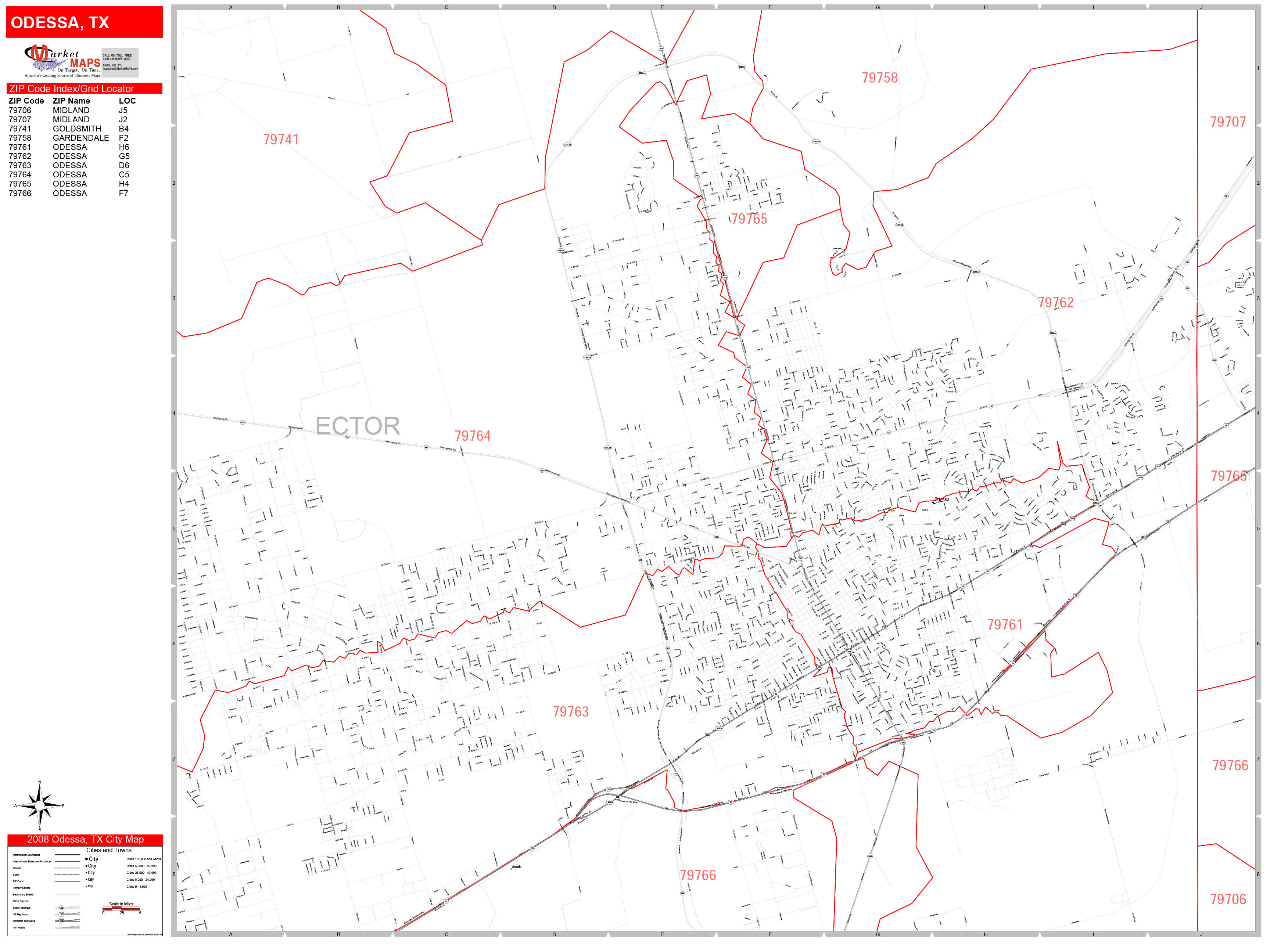 Odessa Texas Zip Code Wall Map (Red Line Style) by MarketMAPS - MapSales