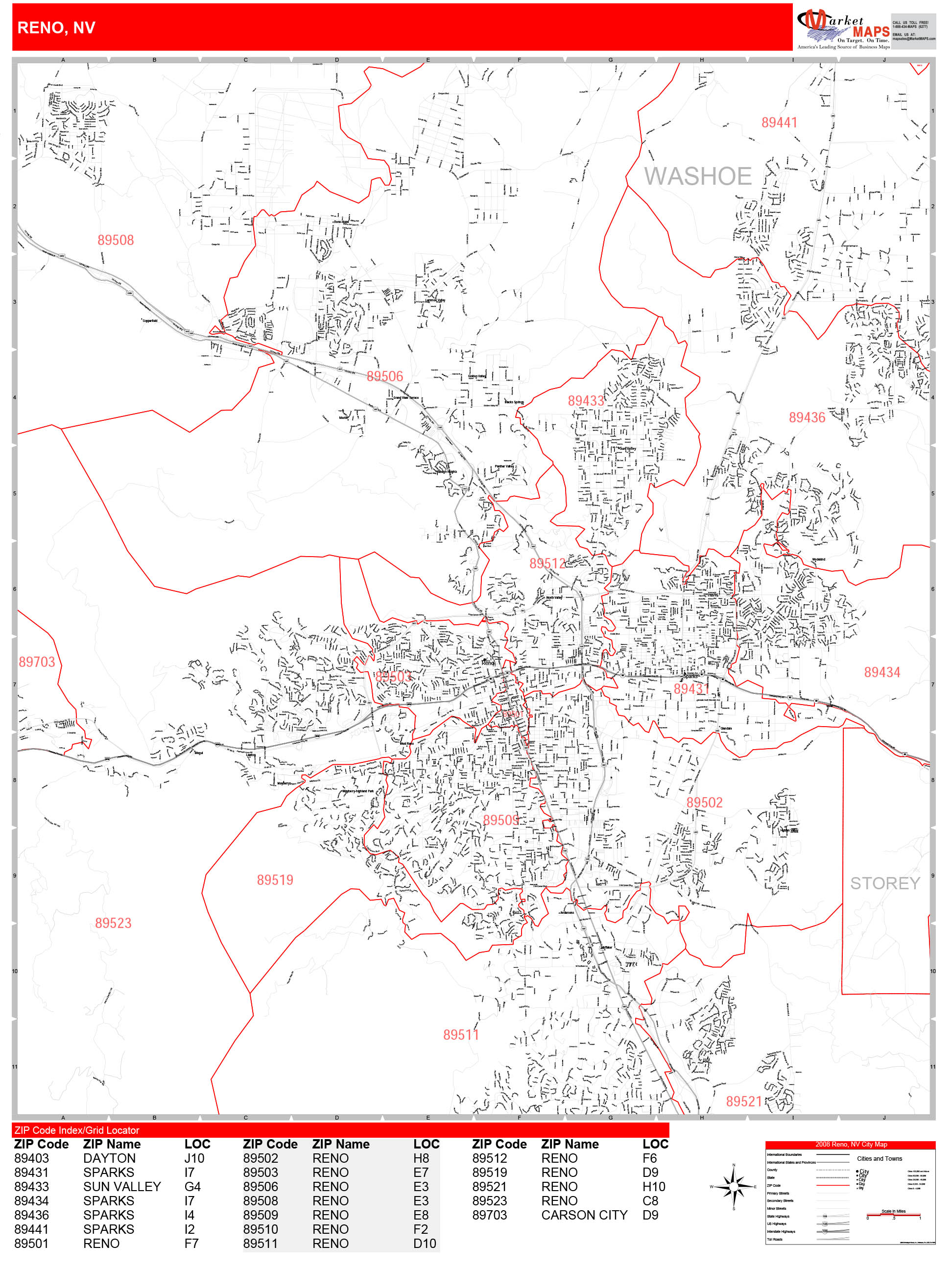 Reno Nevada Zip Code Wall Map Red Line Style By MarketMAPS MapSales