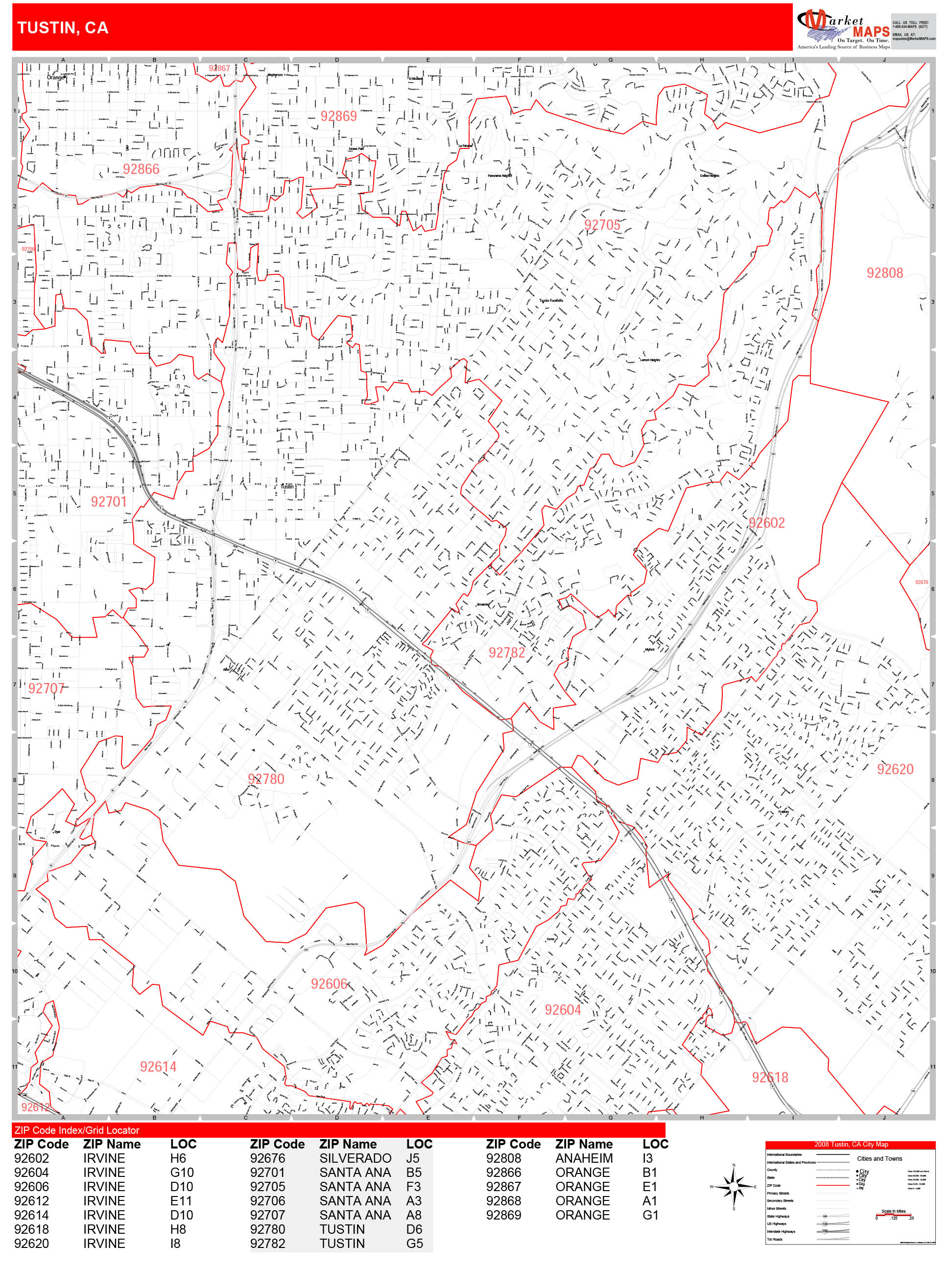 Tustin California Zip Code Wall Map Red Line Style By MarketMAPS