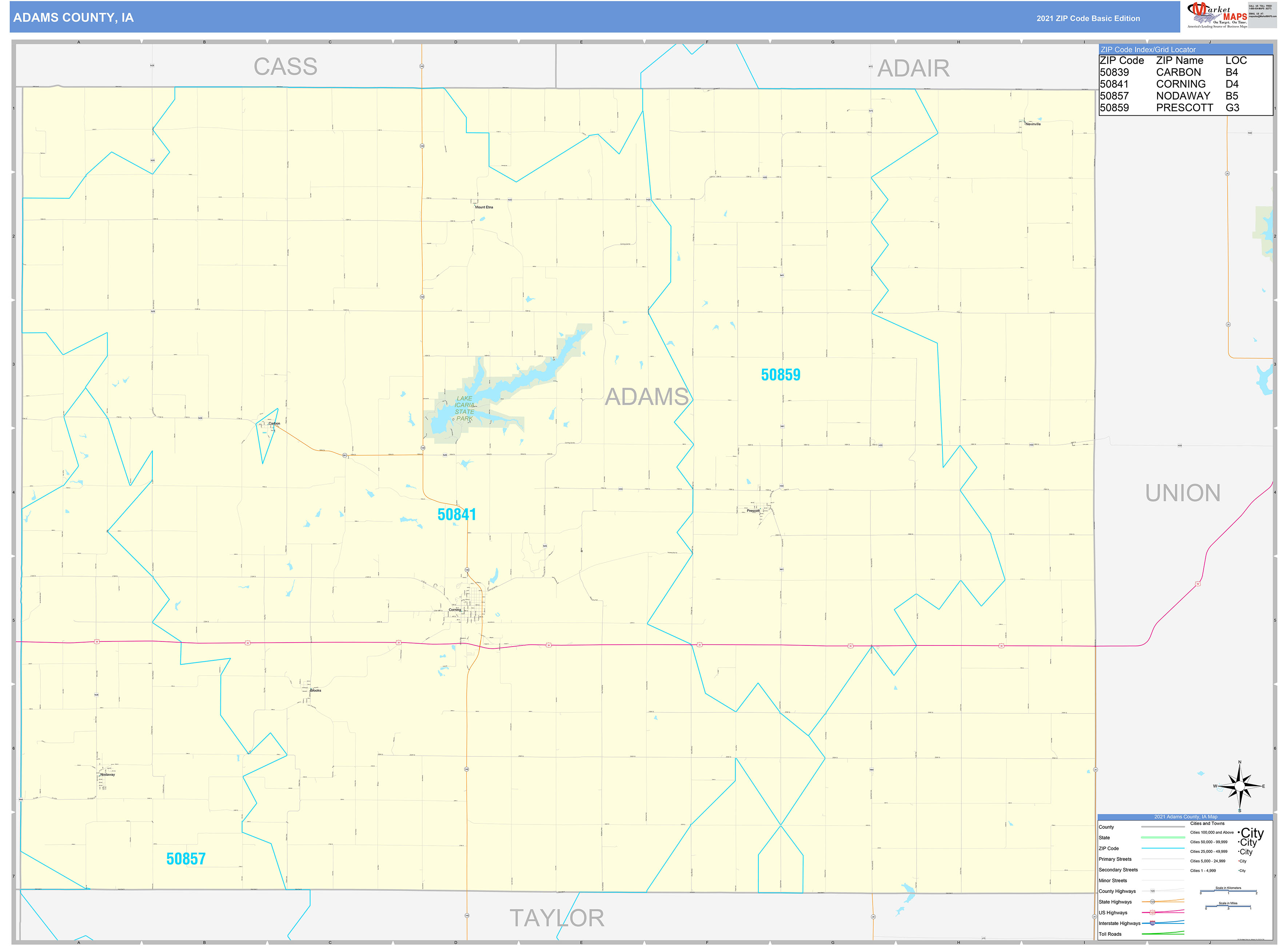 Adams County, IA Zip Code Wall Map Basic Style by MarketMAPS - MapSales.com