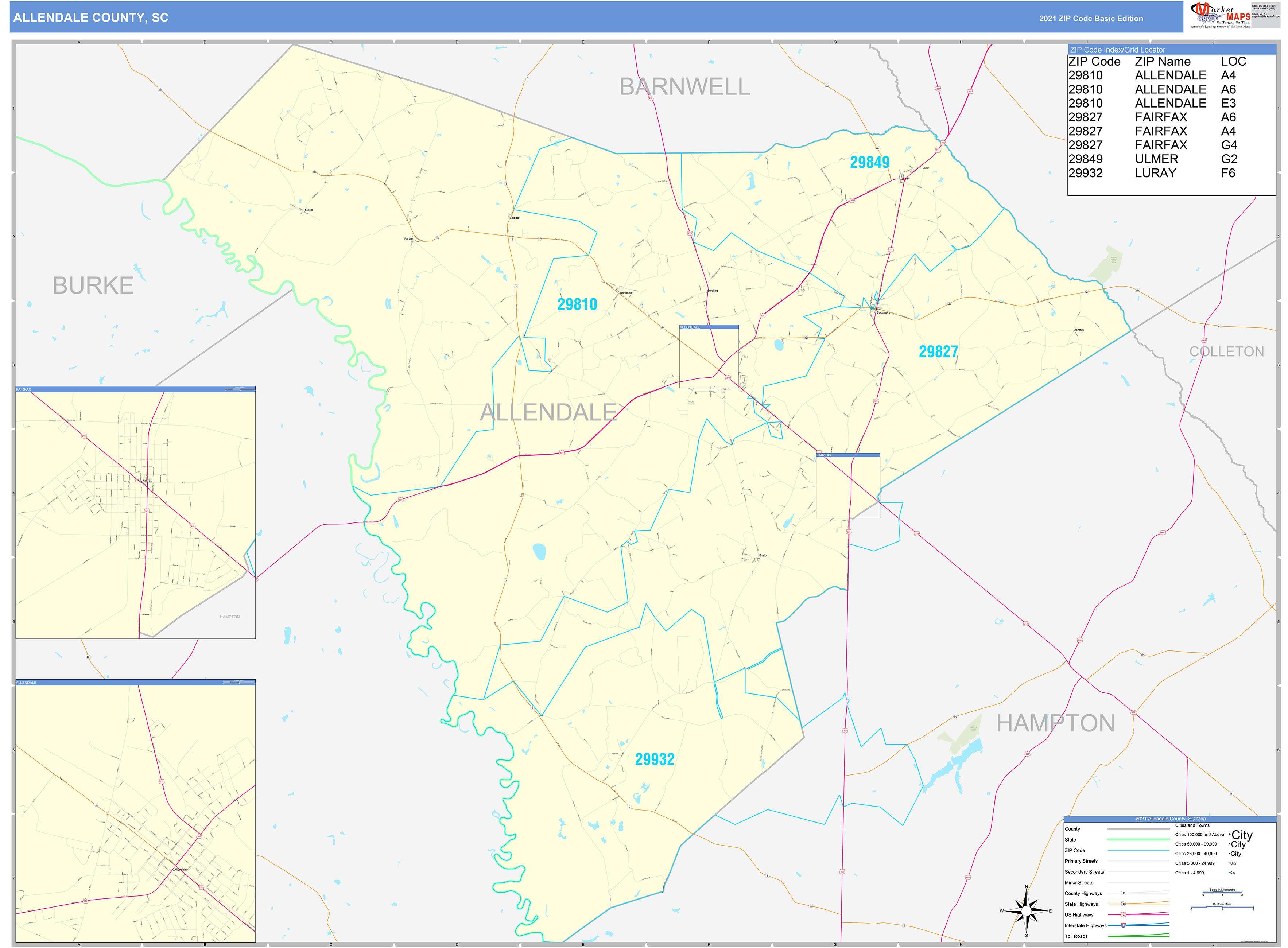 Allendale County, SC Zip Code Wall Map Basic Style by MarketMAPS - MapSales