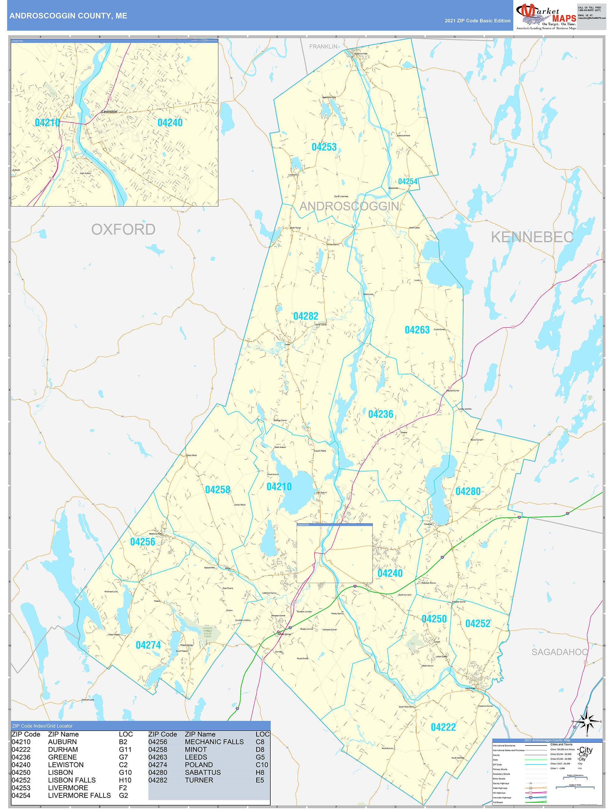 Androscoggin County, ME Zip Code Wall Map Basic Style by MarketMAPS ...