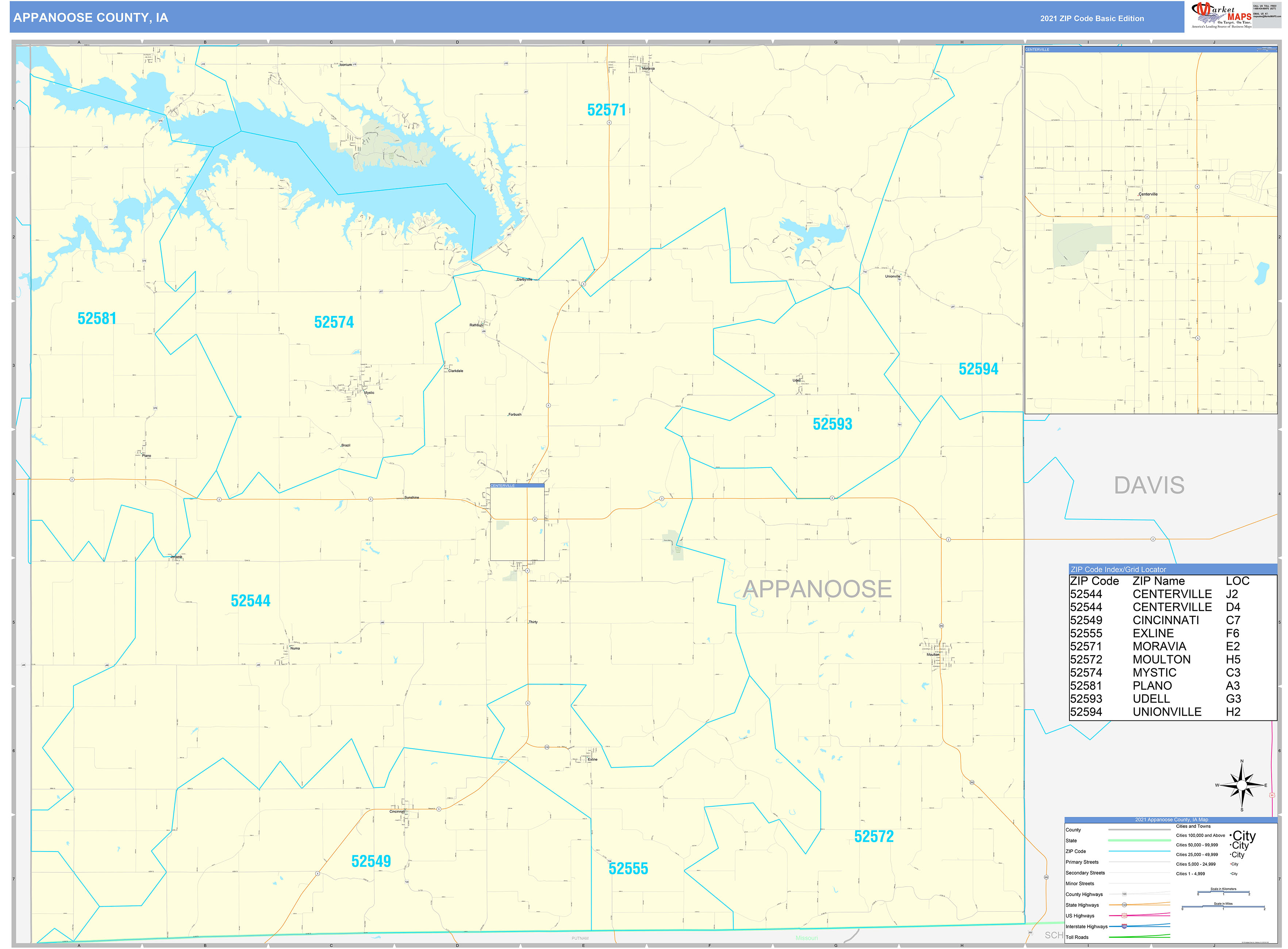 Appanoose County, IA Zip Code Wall Map Basic Style by MarketMAPS - MapSales.com