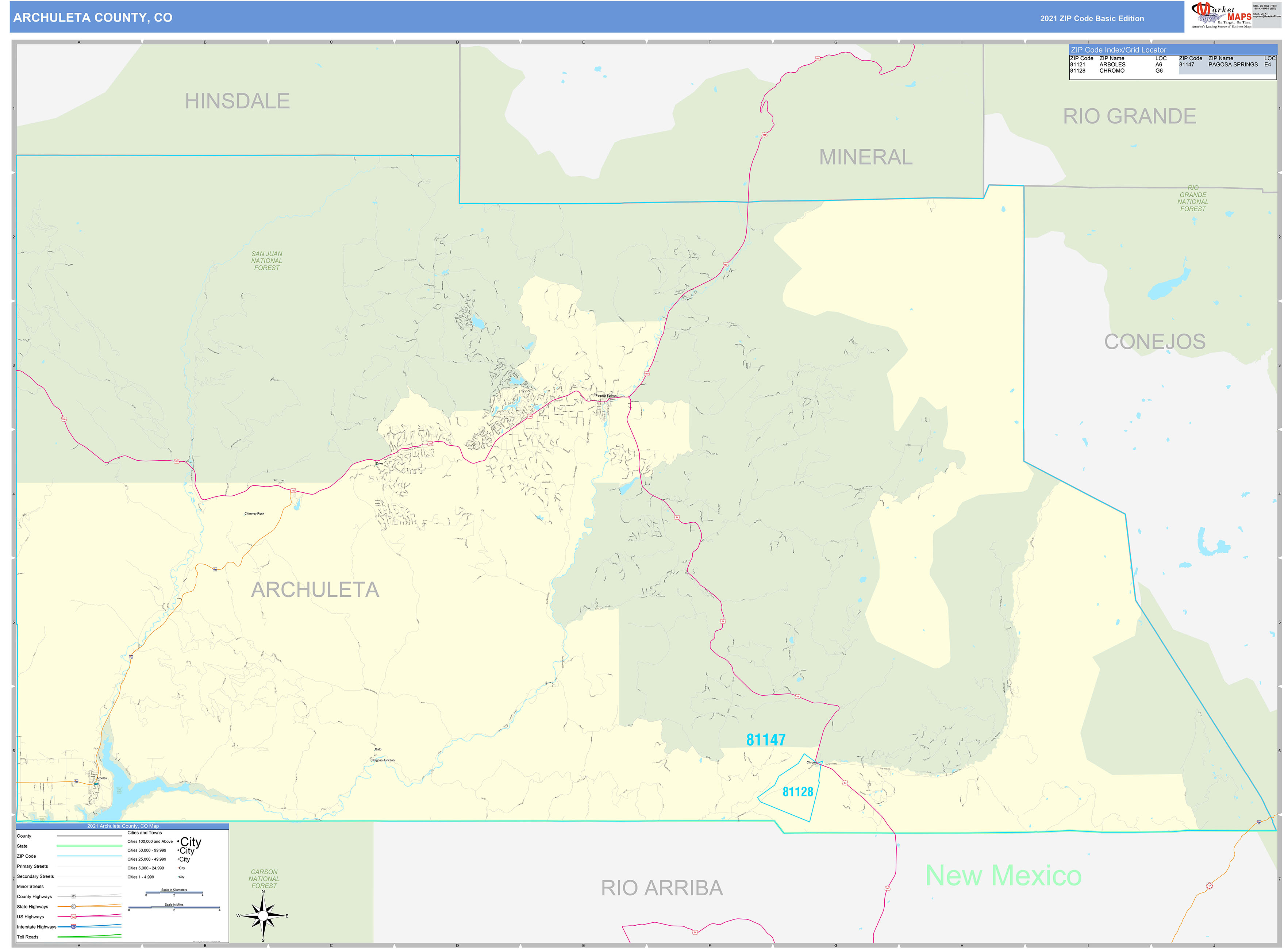 Archuleta County, CO Zip Code Wall Map Basic Style by MarketMAPS - MapSales