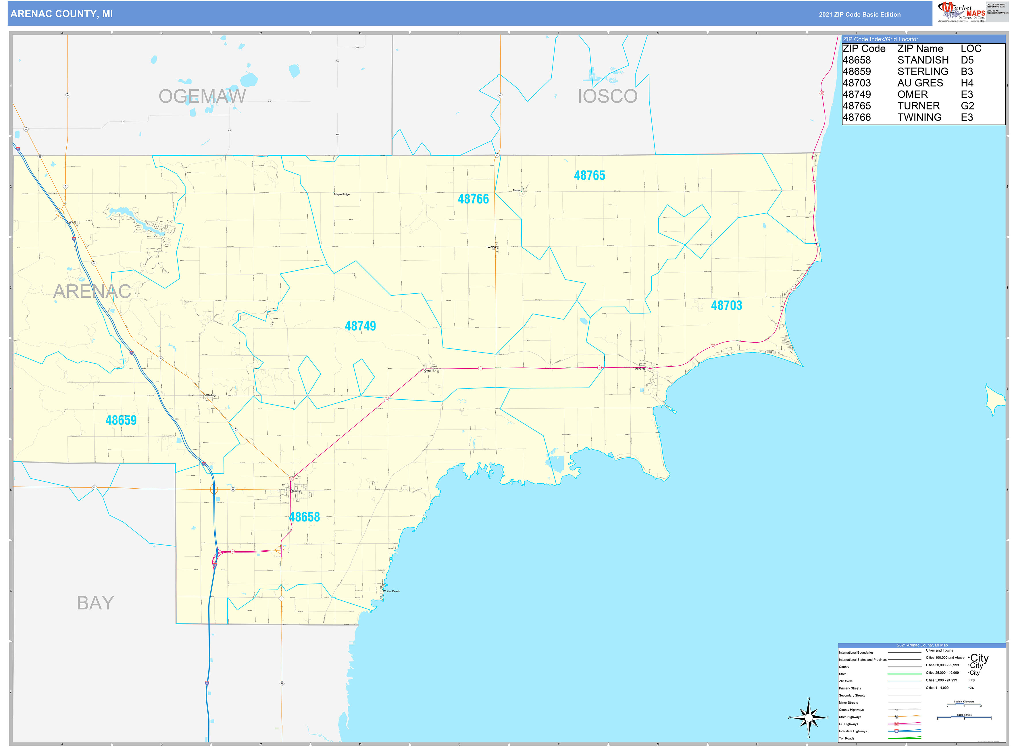 Arenac County, MI Zip Code Wall Map Basic Style by MarketMAPS - MapSales