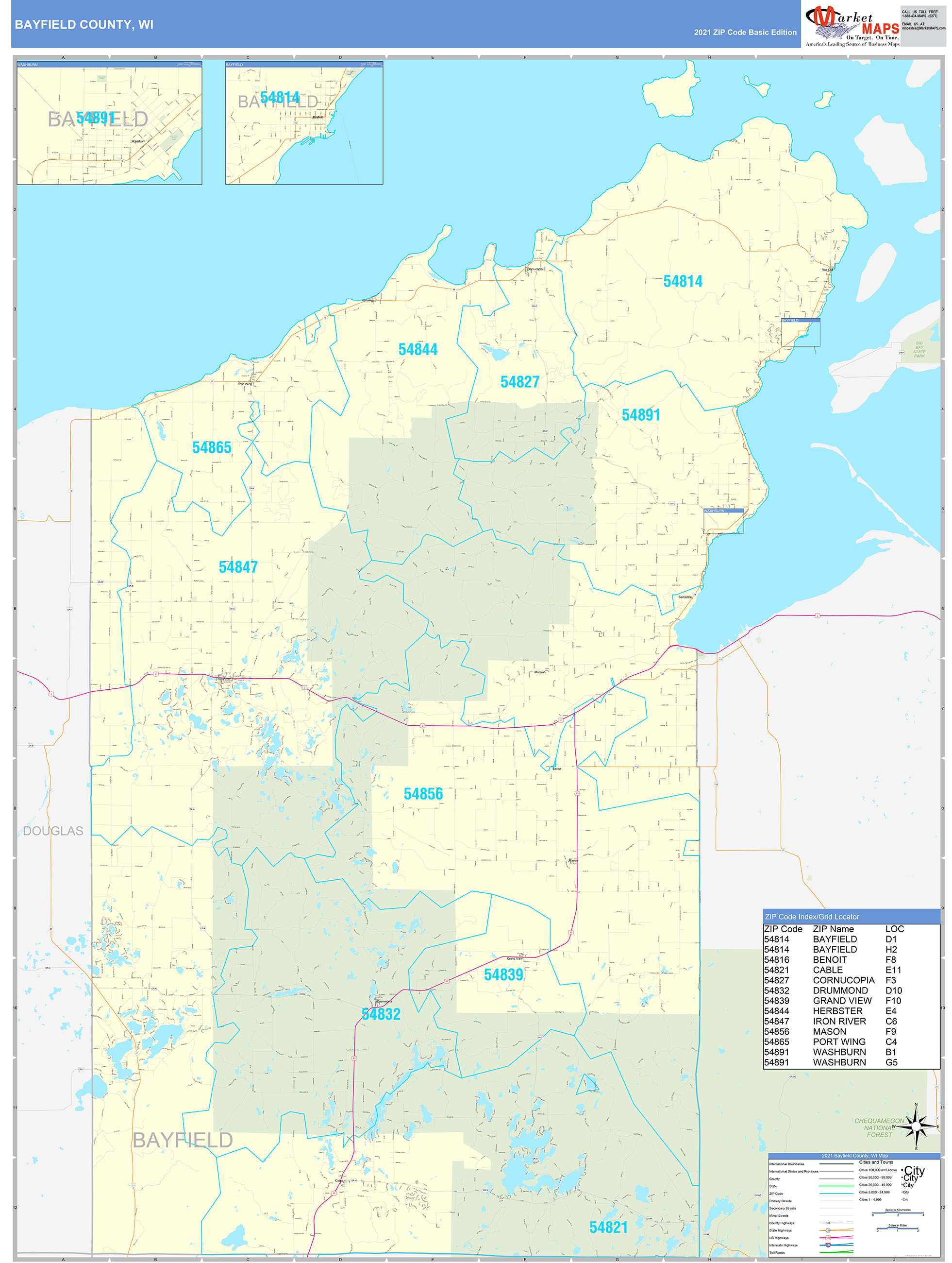 Bayfield County, WI Zip Code Wall Map Basic Style by MarketMAPS ...