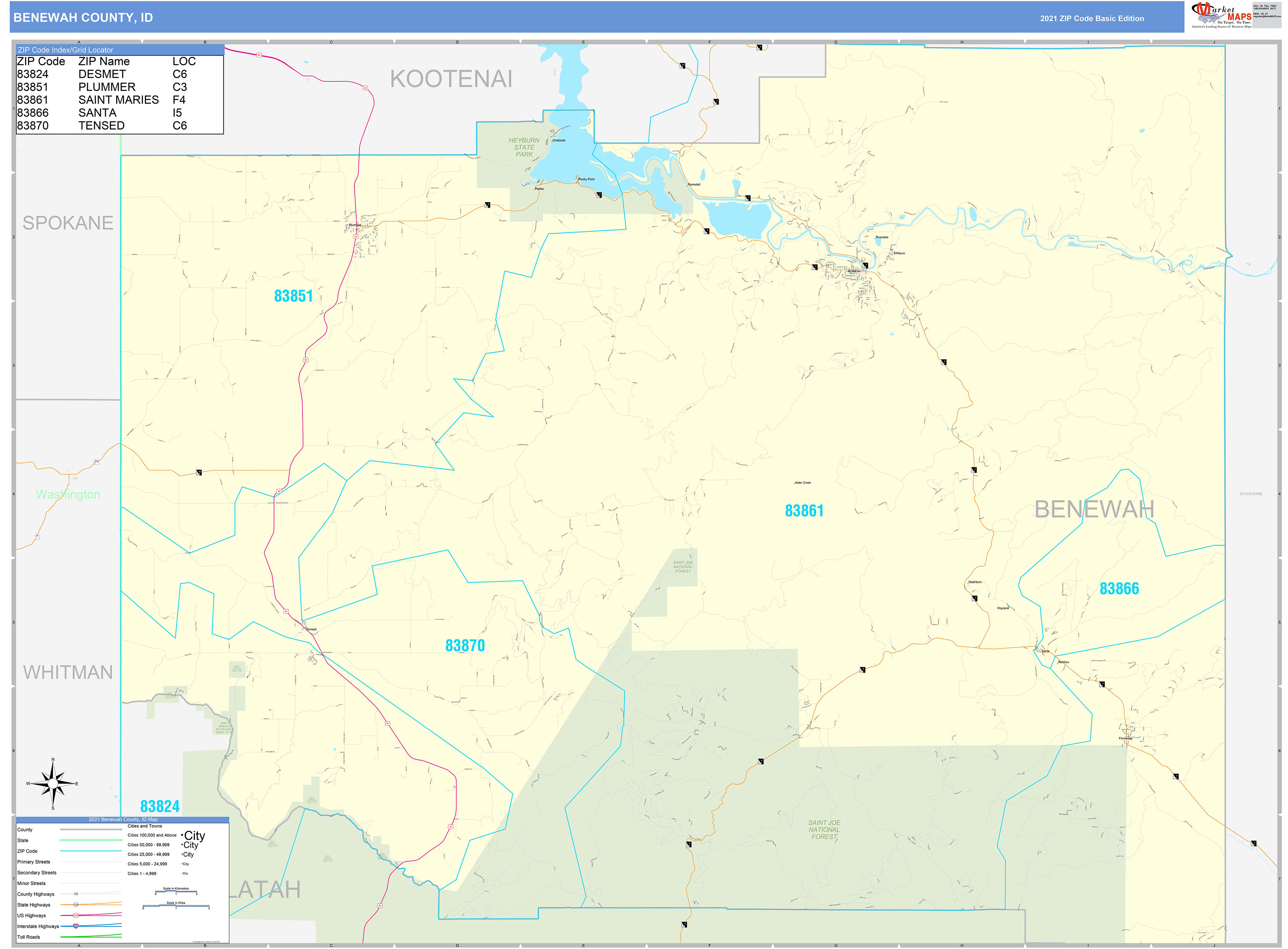 Benewah County, ID Zip Code Wall Map Basic Style by MarketMAPS ...