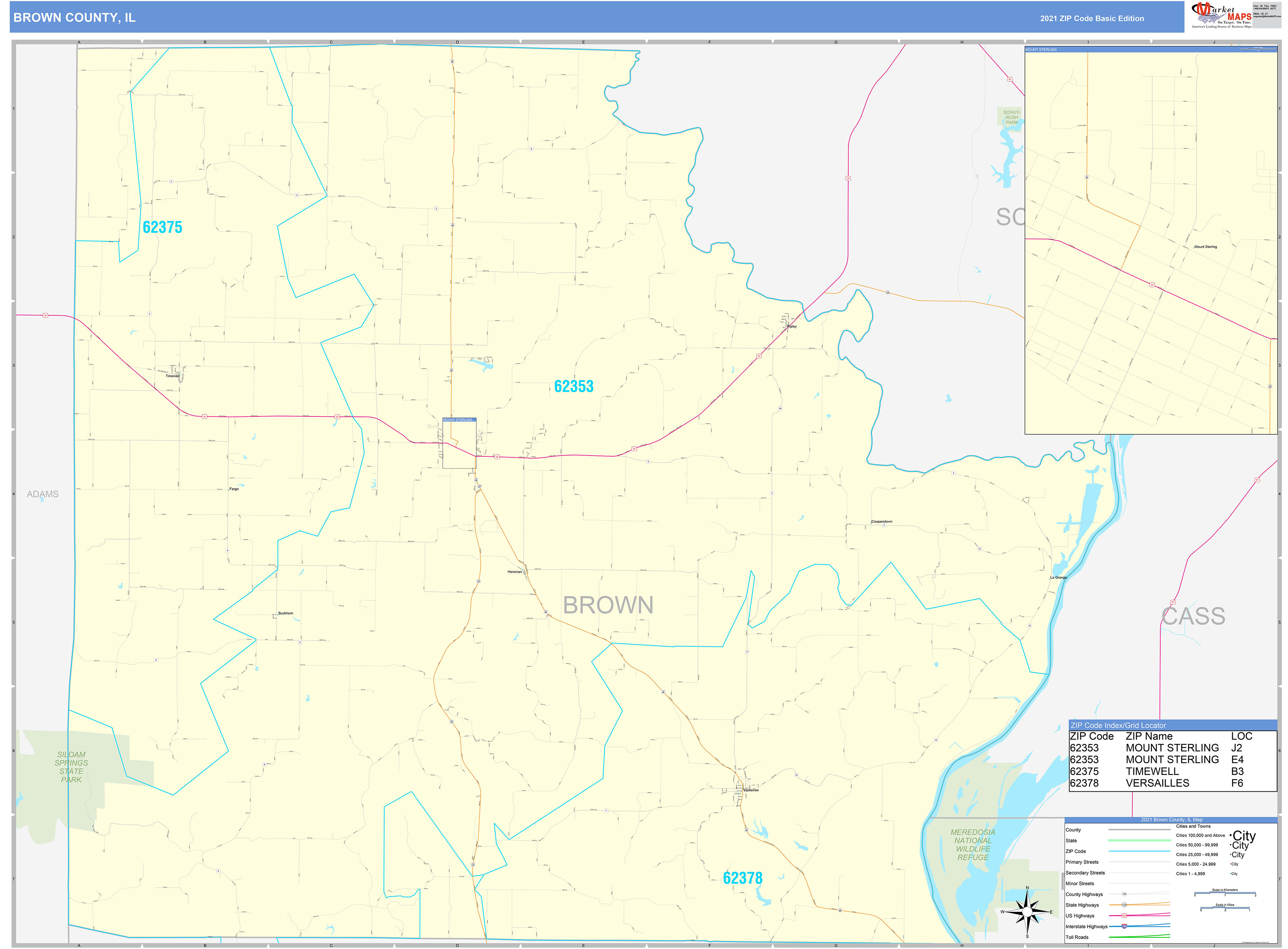 Brown County, IL Zip Code Wall Map Basic Style by MarketMAPS - MapSales
