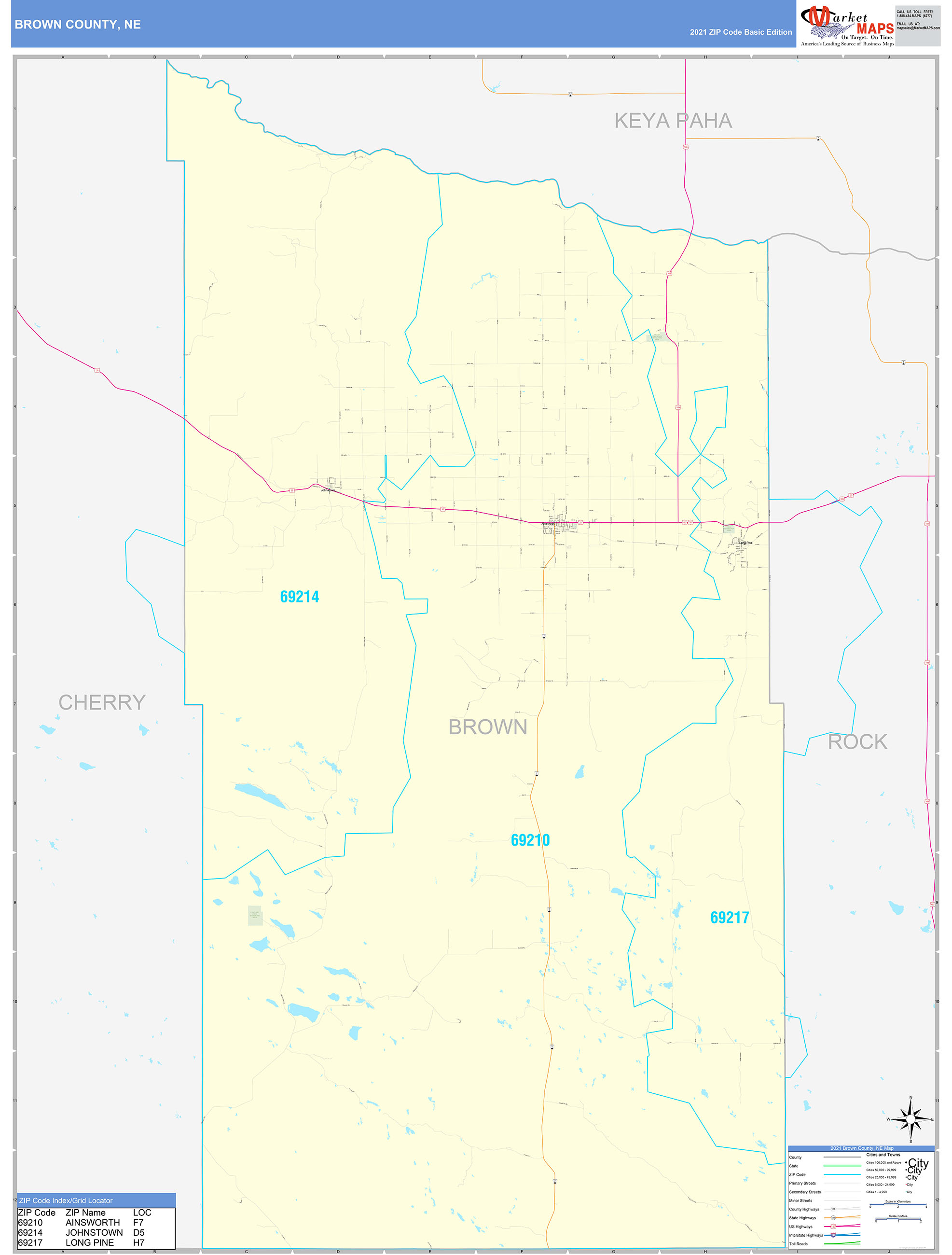 Brown County, NE Zip Code Wall Map Basic Style by MarketMAPS - MapSales