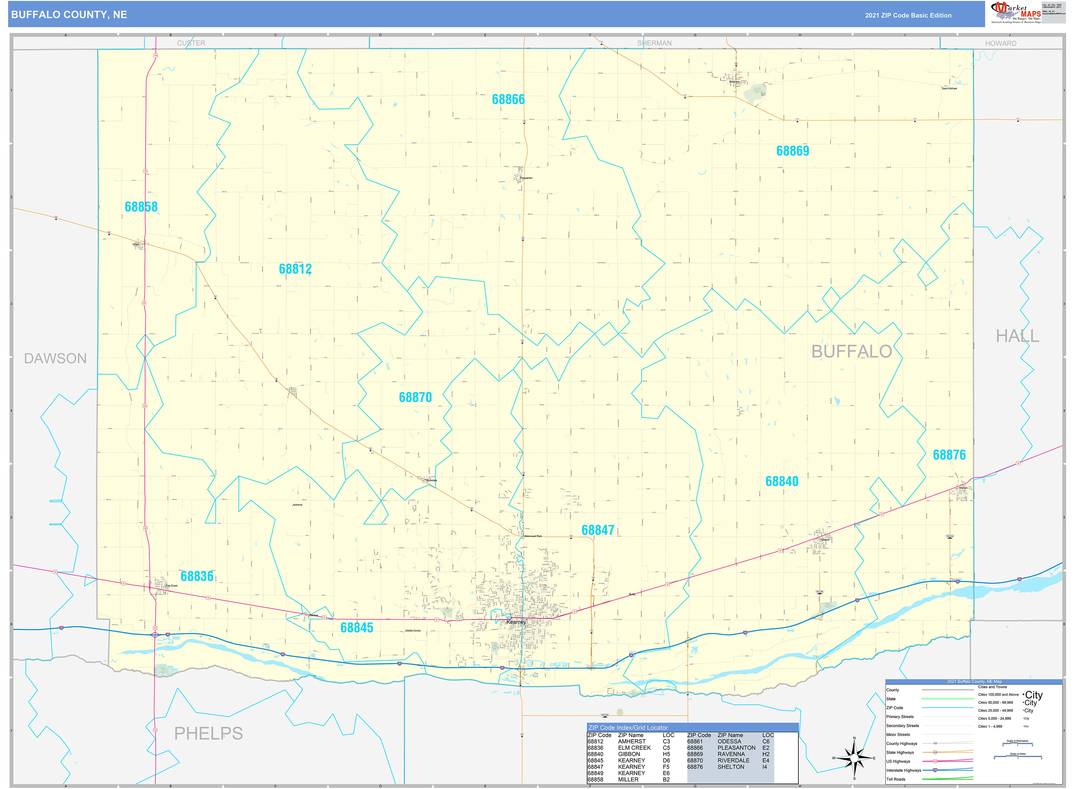 Buffalo County, NE Zip Code Wall Map Basic Style by MarketMAPS